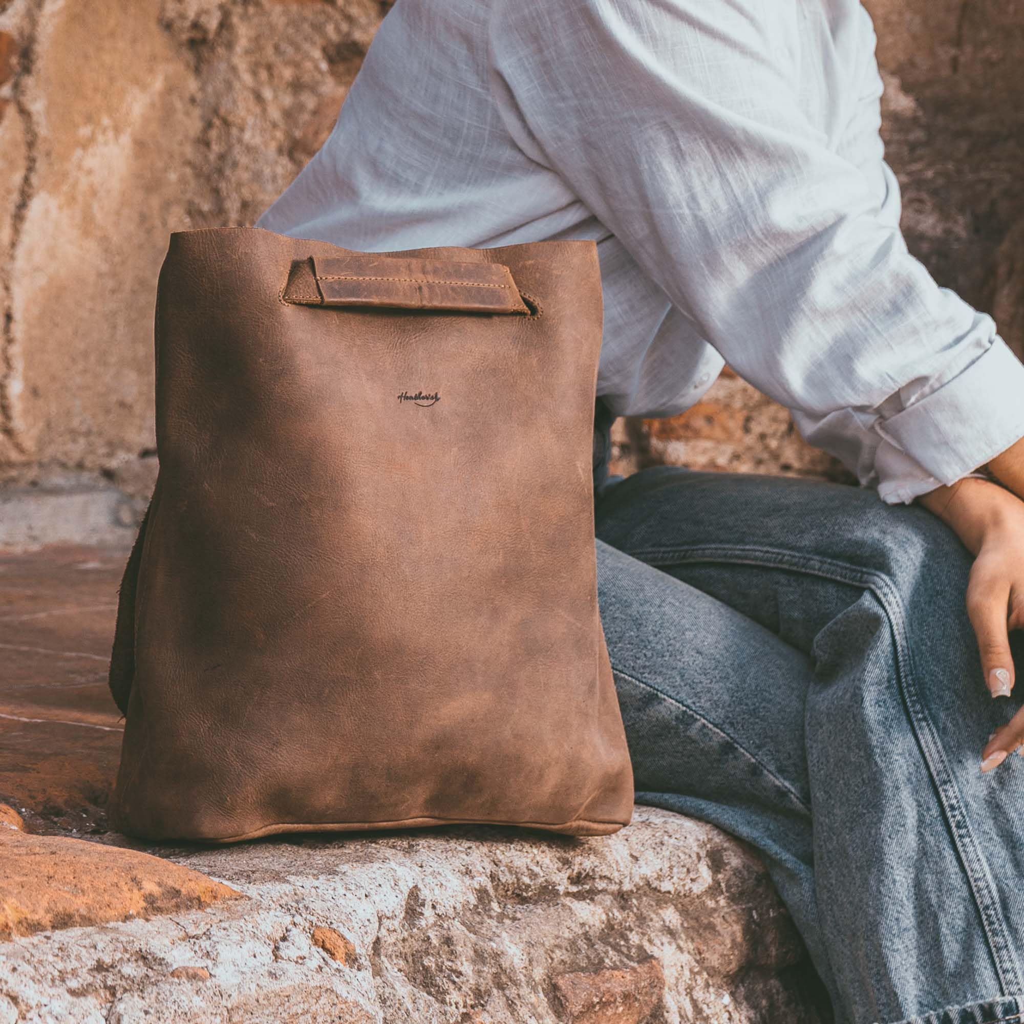 Heather's, Convertible Backpack to Shoulder Bag Handmade from Full Grain Leather - Durable, Spacious Bag, Travel & Shopping Accessory - Bourbon Brown