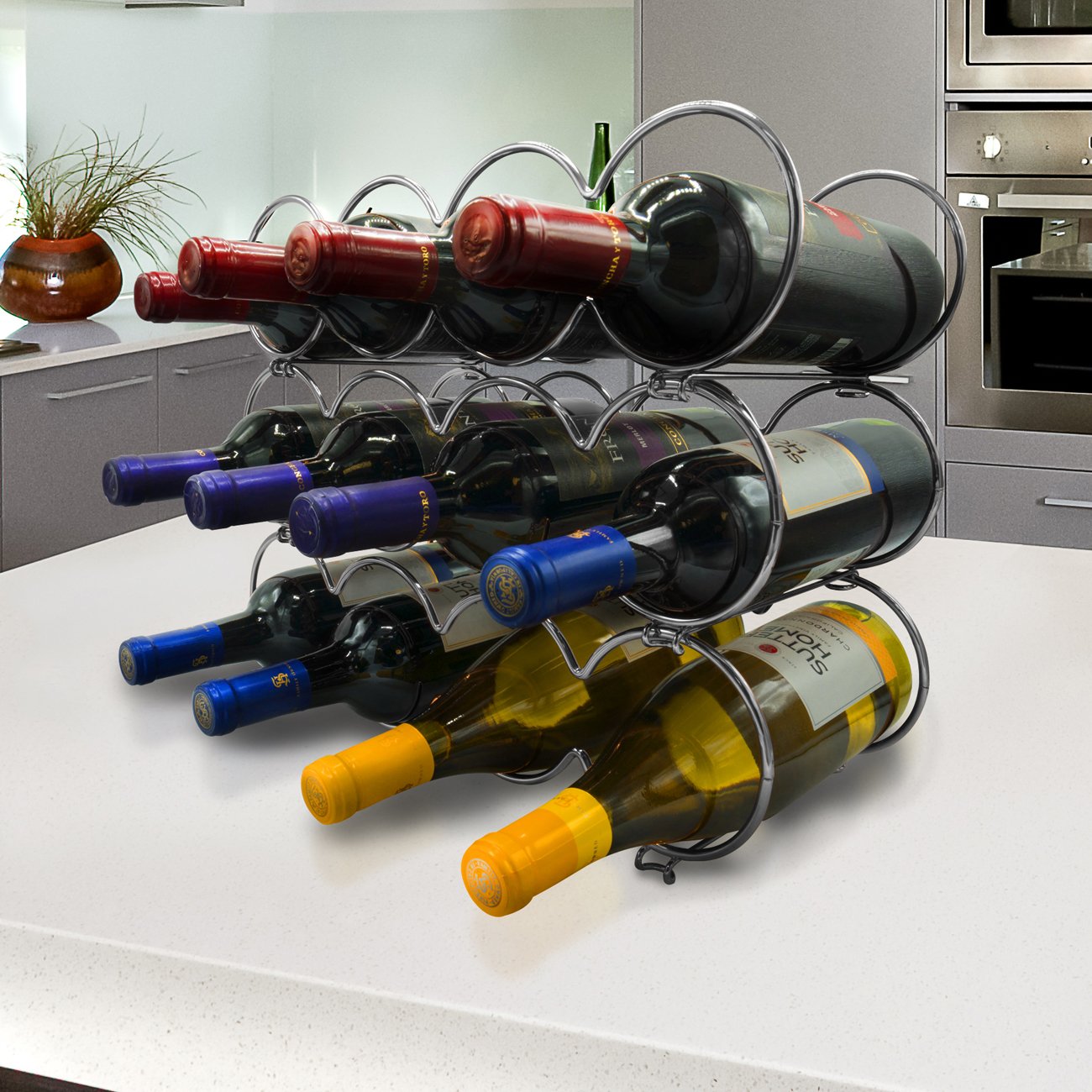 SorbusĀ® 3-Tier Stackable Wine Rack - Round Classic Style Wine Racks for Bottles - Perfect for Bar, Wine Cellar, Basement, Cabinet, Pantry, etc - Hold 12 Bottles, Metal (Round Silver)