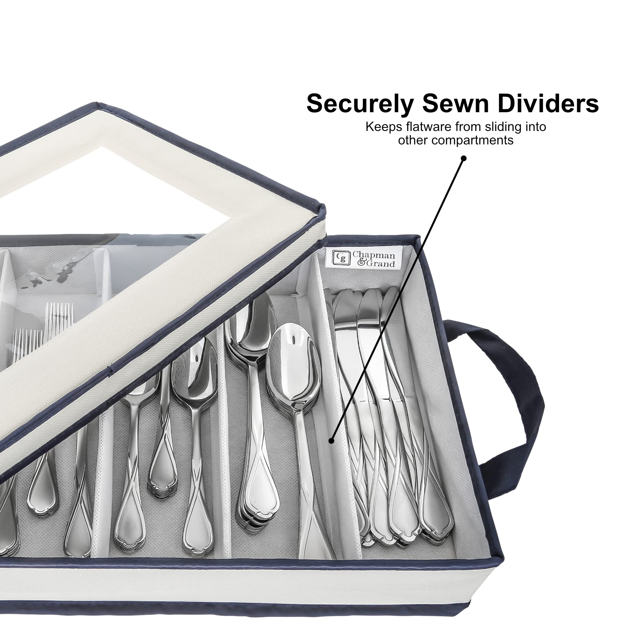 Chapman & Grand Flatware Storage Chest with Lid for Utensils, Silverware, Flatware β Securely Sewn Dividers with Large Capacity (Light Beige-Navy)