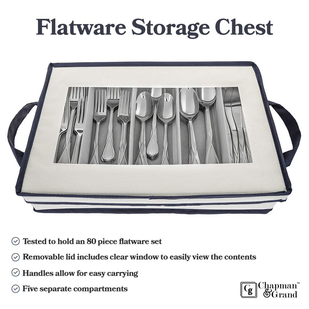 Chapman & Grand Flatware Storage Chest with Lid for Utensils, Silverware, Flatware β Securely Sewn Dividers with Large Capacity (Light Beige-Navy)
