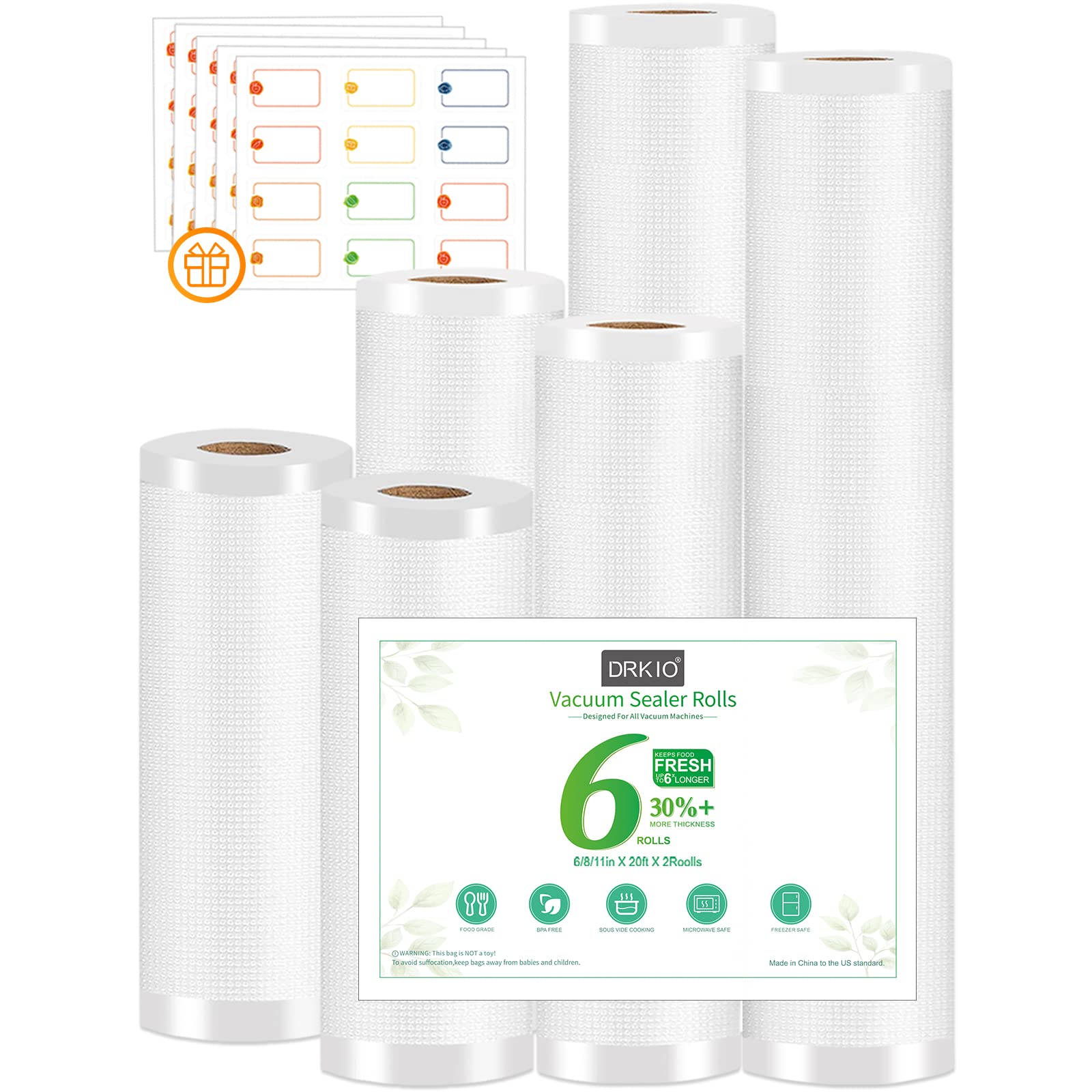 DRKIO Vacuum Sealer Bags - 6 Pack for Food Saver 11"x20' and 8"x20' and 6"x20' Heavy Duty Commercial Grade Vac Seal Rolls Great for Sous Vide Meal Prep Freezer Food Storage Seal a Meal