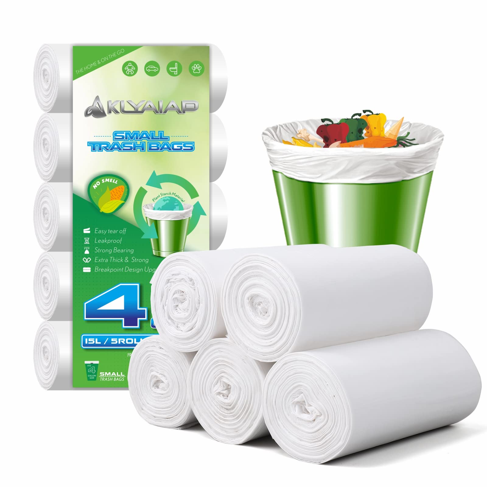 220 Counts Aklyaiap 4 Gallon Trash Bag,Tear & Leak Resistant Bathroom Garbage Bags 4 gallon,White &Unscented Bathroom Trash Bags,Biodegradable Trash Bags Small Trash Can Bags for Home & Kitchen,5Rolls