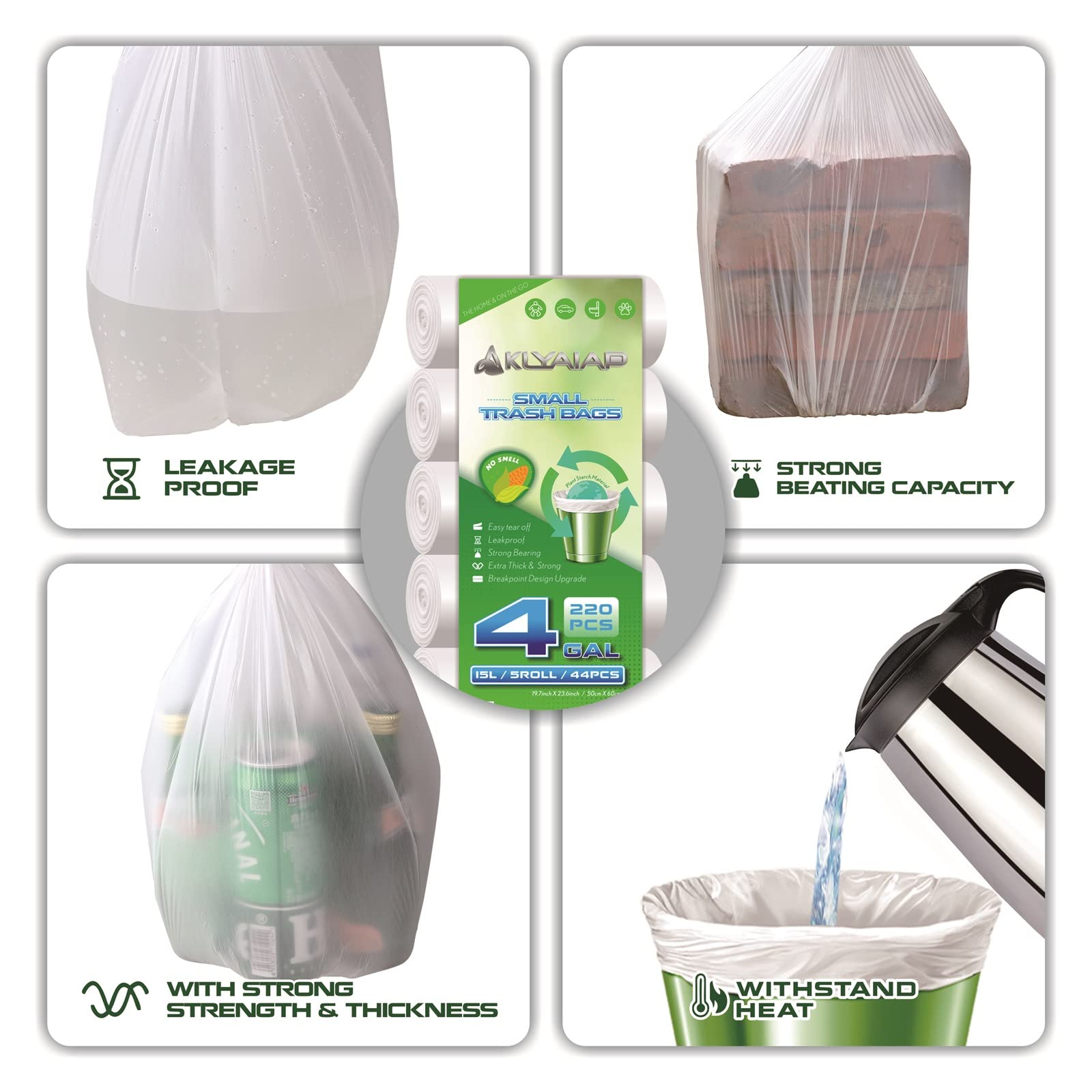 220 Counts Aklyaiap 4 Gallon Trash Bag,Tear & Leak Resistant Bathroom Garbage Bags 4 gallon,White &Unscented Bathroom Trash Bags,Biodegradable Trash Bags Small Trash Can Bags for Home & Kitchen,5Rolls