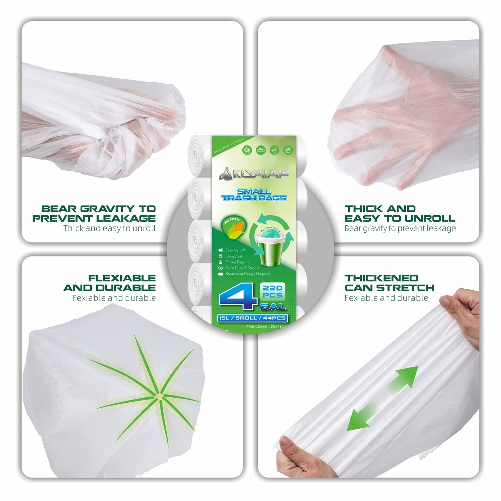 220 Counts Aklyaiap 4 Gallon Trash Bag,Tear & Leak Resistant Bathroom Garbage Bags 4 gallon,White &Unscented Bathroom Trash Bags,Biodegradable Trash Bags Small Trash Can Bags for Home & Kitchen,5Rolls