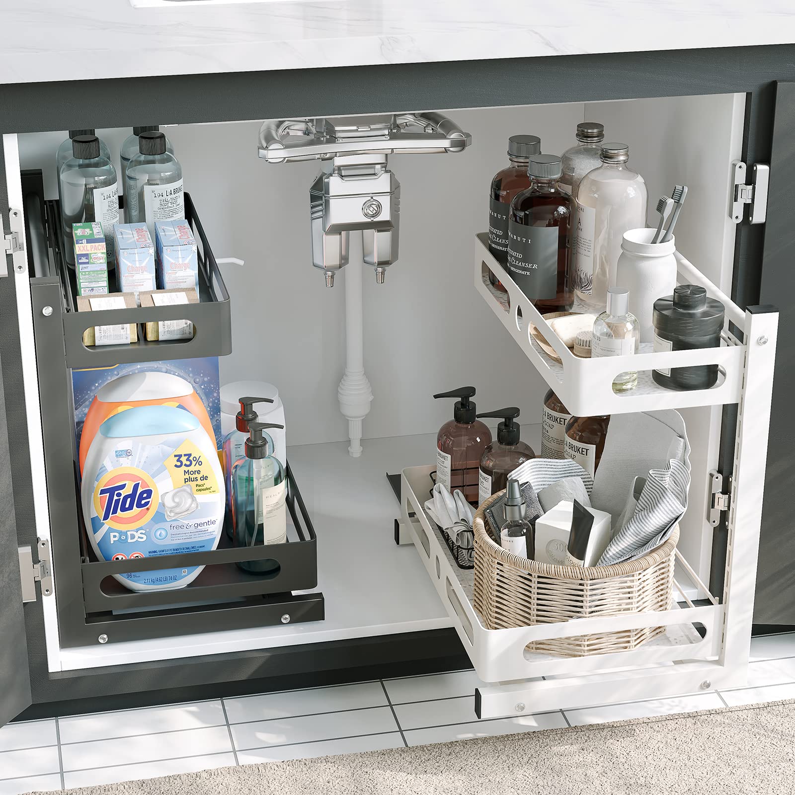 NETEL Under Sink Organizer,Pull Out Sliding Cabinet Basket Organizer 2 Tier Under Bathroom Storage Rack, Multi-Use for, Height Adjustable, With PP Frosted Pad, With strong double-sided adhesive, White