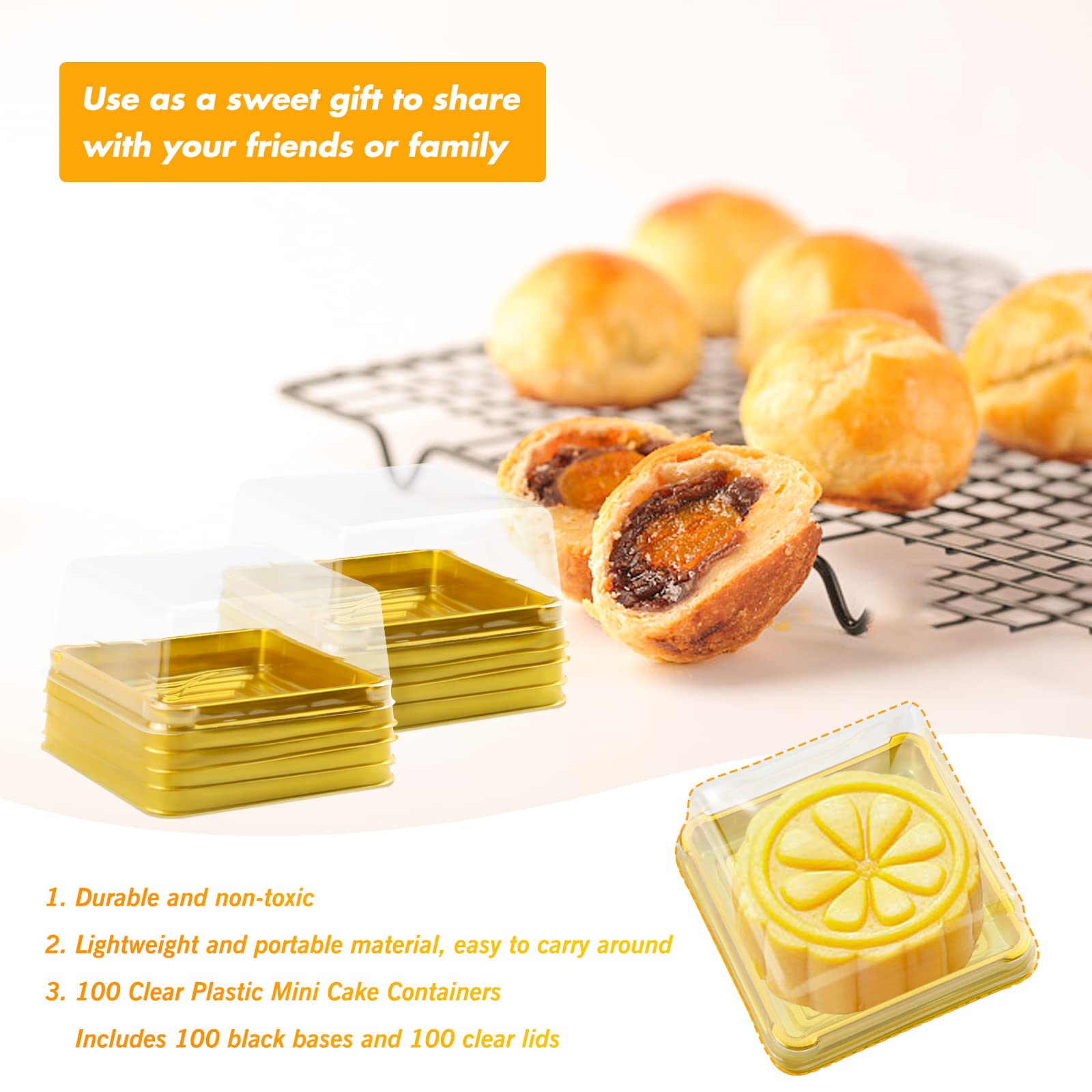 GothaBach 100 Set 3" Plastic Square Containers with Lids Cupcake Boxes Muffin Pod Dome Muffin Single Container Box for Wedding Birthday Gifts Supplies (Golden)