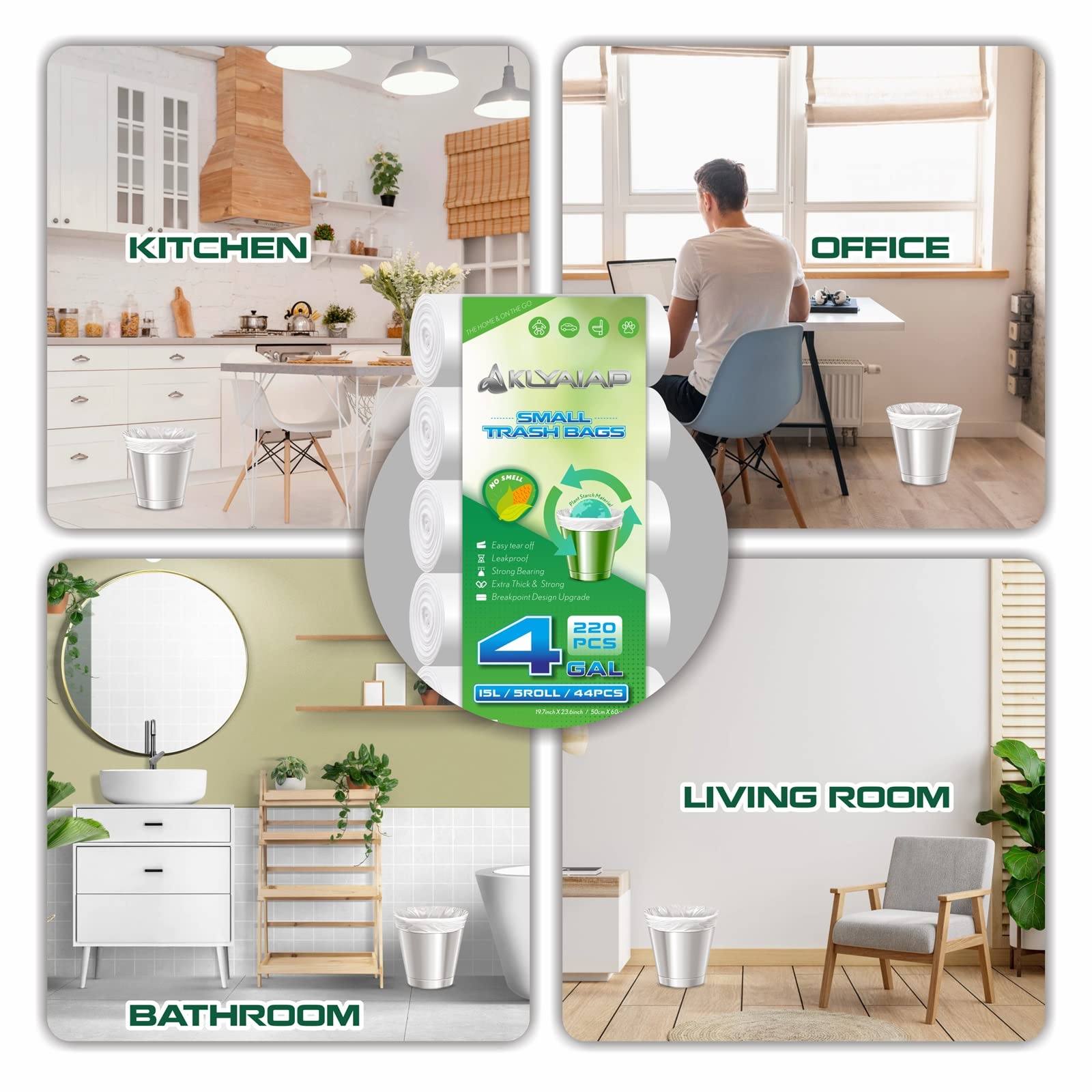 220 Counts Aklyaiap 4 Gallon Trash Bag,Tear & Leak Resistant Bathroom Garbage Bags 4 gallon,White &Unscented Bathroom Trash Bags,Biodegradable Trash Bags Small Trash Can Bags for Home & Kitchen,5Rolls