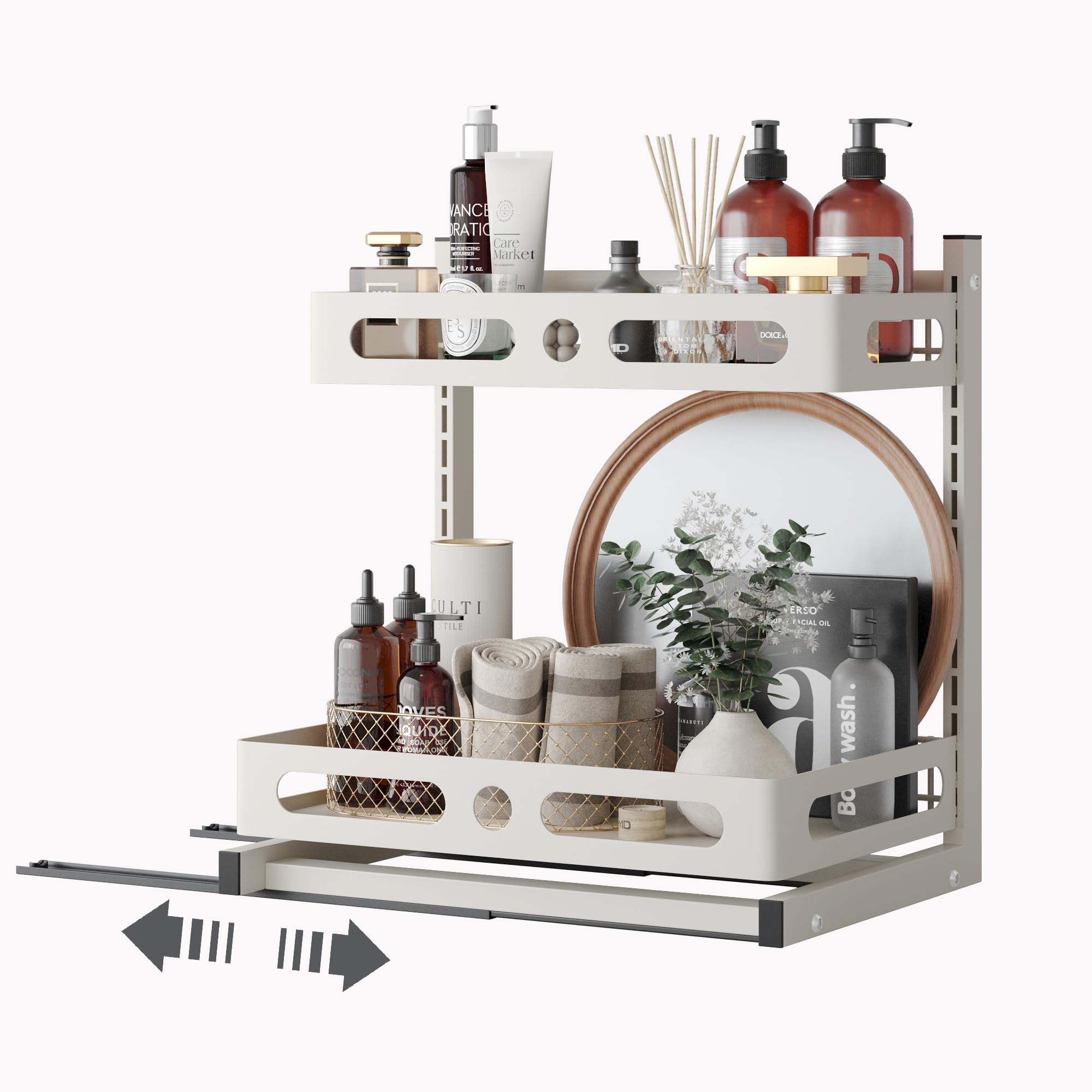 NETEL Under Sink Organizer,Pull Out Sliding Cabinet Basket Organizer 2 Tier Under Bathroom Storage Rack, Multi-Use for, Height Adjustable, With PP Frosted Pad, With strong double-sided adhesive, White
