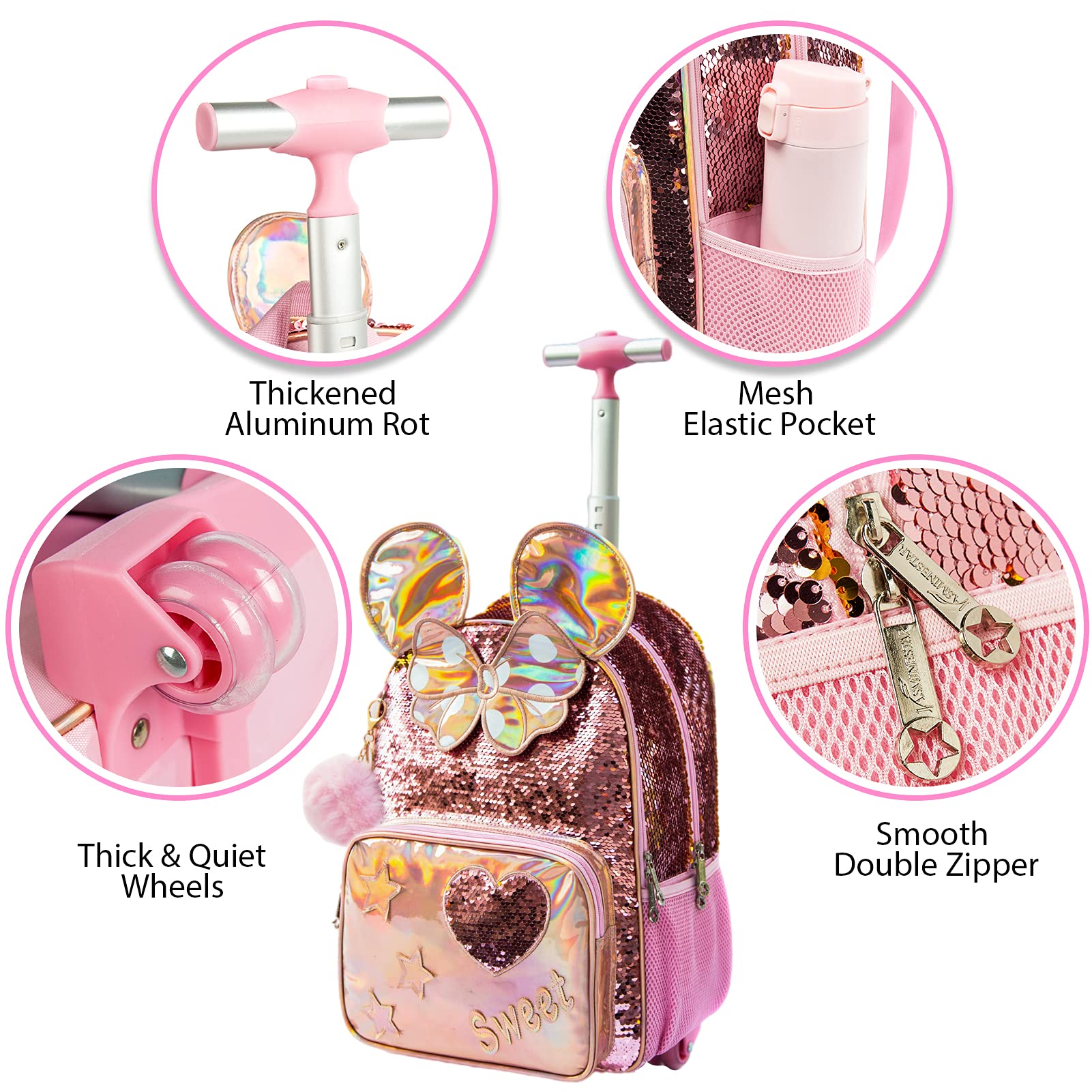 Rolling Backpack 16 Inch Kids Backpack School Backpack, 3 IN 1 Bookbag Set for Girls
