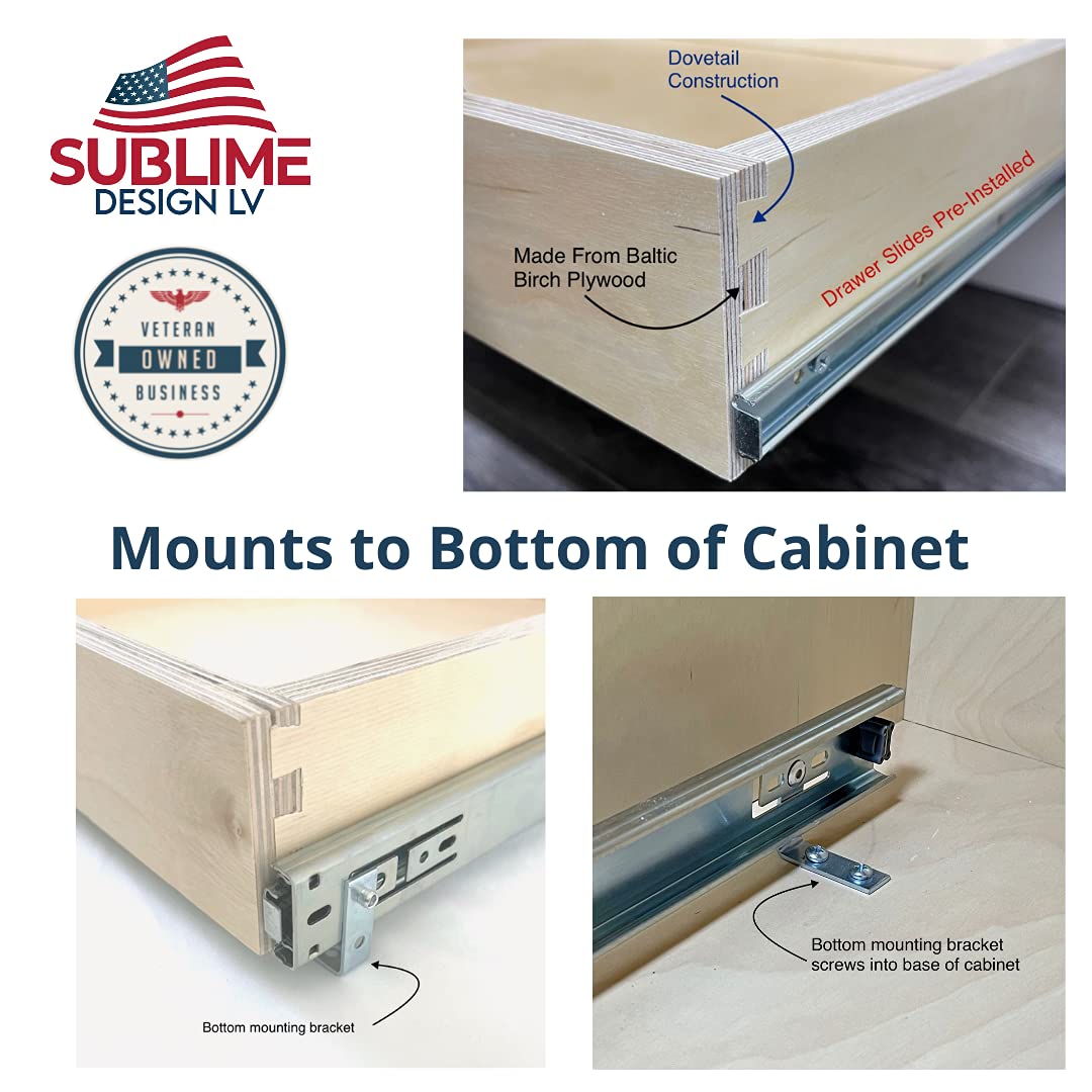 Sublime Design | Bottom Mount | Pull Out Tray | Baltic Birch Drawer for Kitchen Cabinets | Slide Out Shelves | Roll Out Cabinet Organizer (32" Wide)