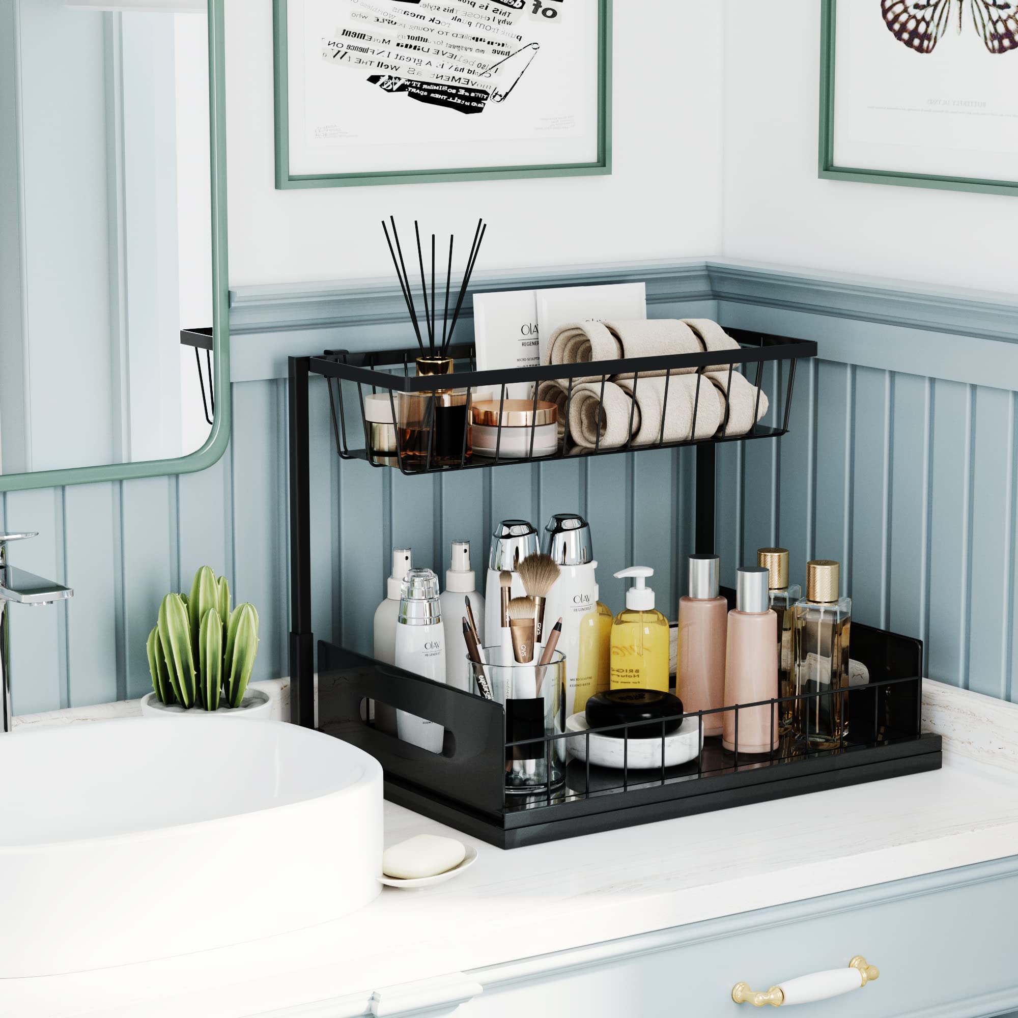 Under Sink Organizer, DIFEN 2-Tier Sliding Cabinet Basket Organizer for Under Sink Storage in Bathroom and Kitchen - Black