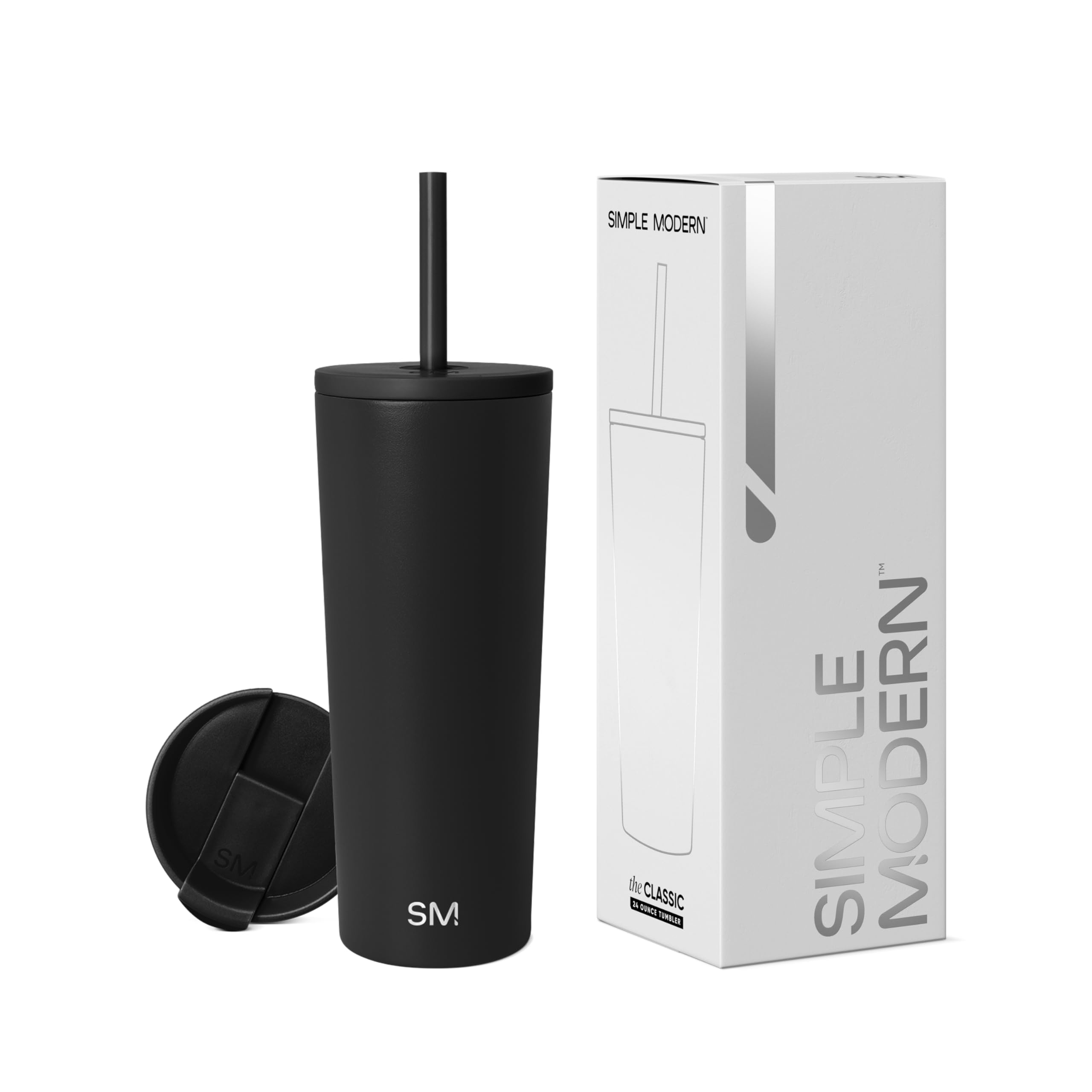 Simple Modern Insulated Tumbler with Lid and Straw | Iced Coffee Cup Reusable Stainless Steel Water Bottle Travel Mug | Spring Break Gifts For Her & Him | Classic Collection | 24oz | Midnight Black