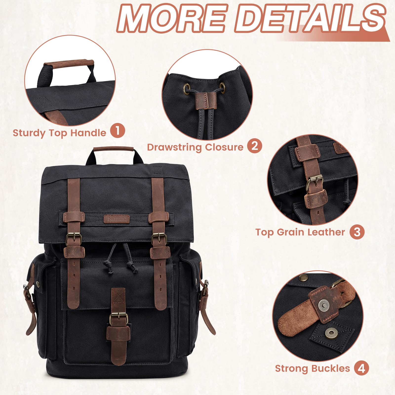 Kattee Men’s Leather Canvas Backpack Large School Bag Travel Rucksack Black