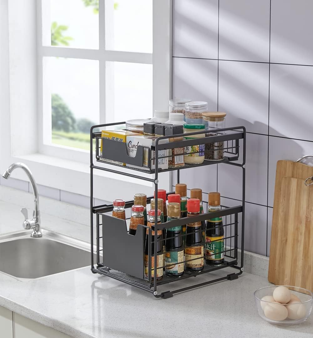CBYJK Stackable 2-Tie Under Sink Cabinets Organizer With Sliding Storage Drawer, Under Sink, Pull Out Cabinets Organizer Shelf, Sliding Basket Organizer Drawer For Kitchen, Bathroom, Office, Black