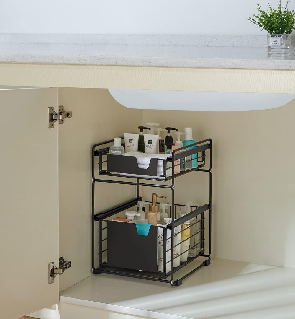 CBYJK Stackable 2-Tie Under Sink Cabinets Organizer With Sliding Storage Drawer, Under Sink, Pull Out Cabinets Organizer Shelf, Sliding Basket Organizer Drawer For Kitchen, Bathroom, Office, Black