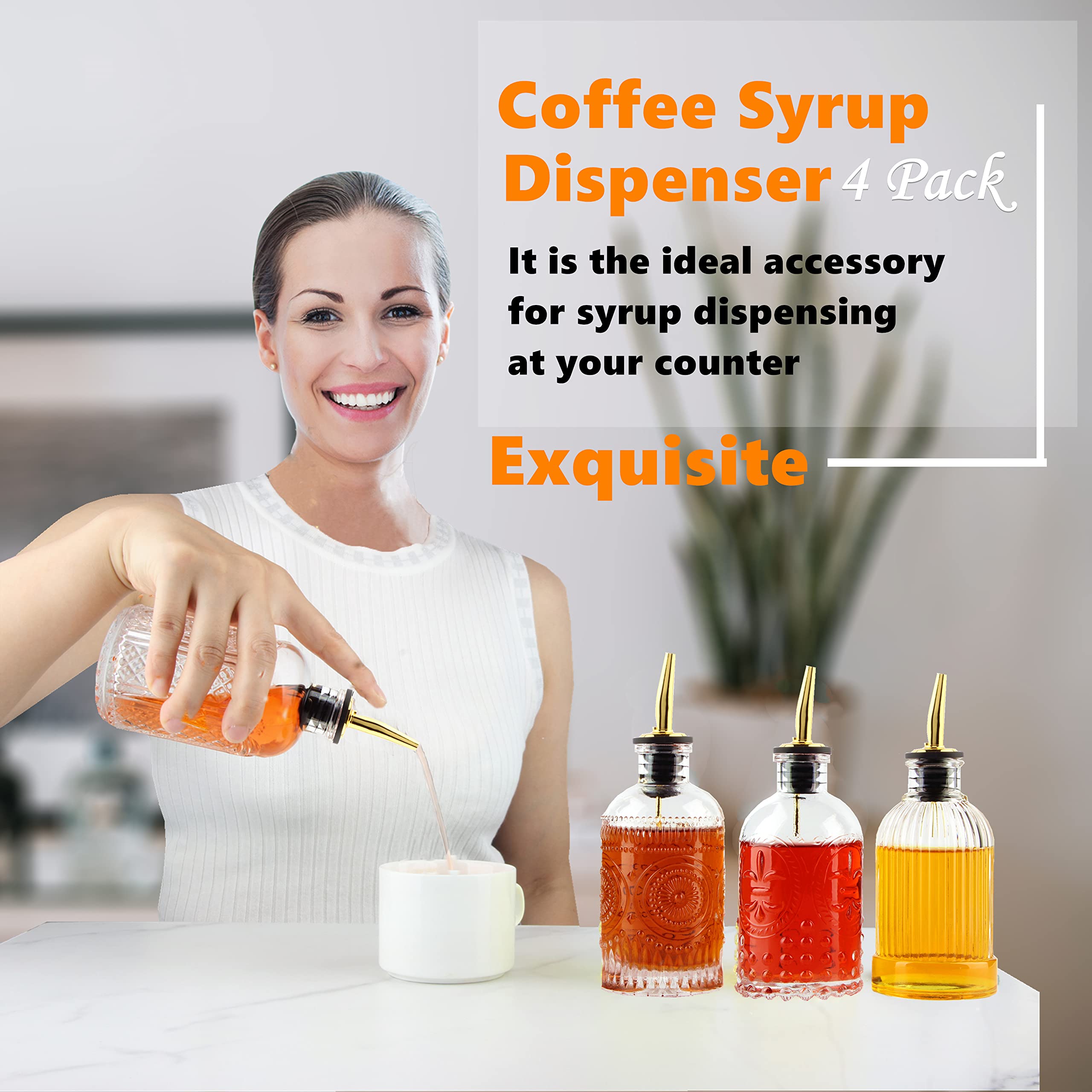 Shining Craft Coffee Syrup Dispenser Set 4 Packs 7 OZ Vinegar Dispenser Set with Metal Pour Spout Ideal for Coffee Syrups, Condiments, Oil Dispenser for Kitchen, Coffee bar, SC055 (4)