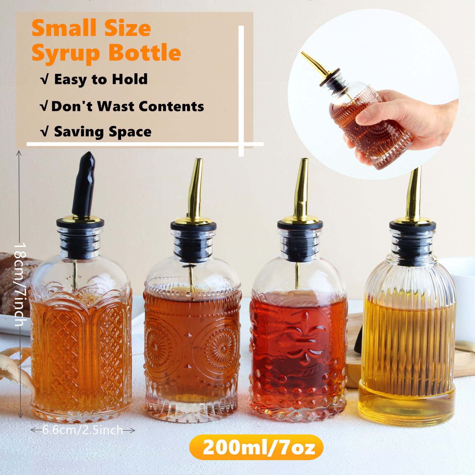 Shining Craft Coffee Syrup Dispenser Set 4 Packs 7 OZ Vinegar Dispenser Set with Metal Pour Spout Ideal for Coffee Syrups, Condiments, Oil Dispenser for Kitchen, Coffee bar, SC055 (4)