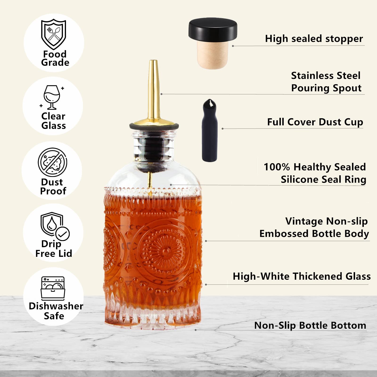 Shining Craft Coffee Syrup Dispenser Set 4 Packs 7 OZ Vinegar Dispenser Set with Metal Pour Spout Ideal for Coffee Syrups, Condiments, Oil Dispenser for Kitchen, Coffee bar, SC055 (4)
