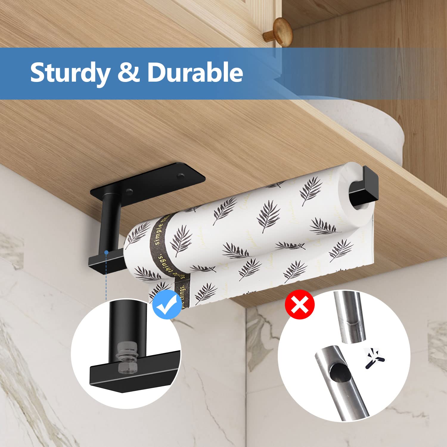 Paper Towel Holder JSVER Roll Paper Towel Rack, Drilling Paper Towel Holder Wall Mount, Paper Towel Holder for Bathroom, Kitchen, Under Counter Paper Roll Rack