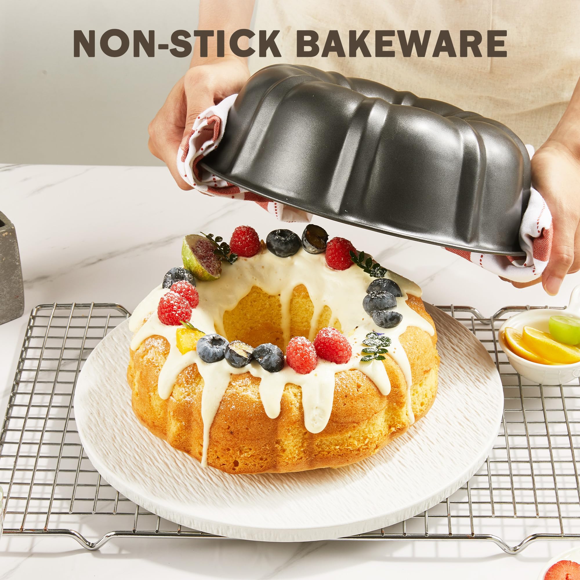 KITESSENSU 9 inch Non-Stick Cake Pans, 12 Cups Premium Fluted Cake Pans for baking, Heavy Duty Carbon Steel Tube Pan Baking Mold-Grey