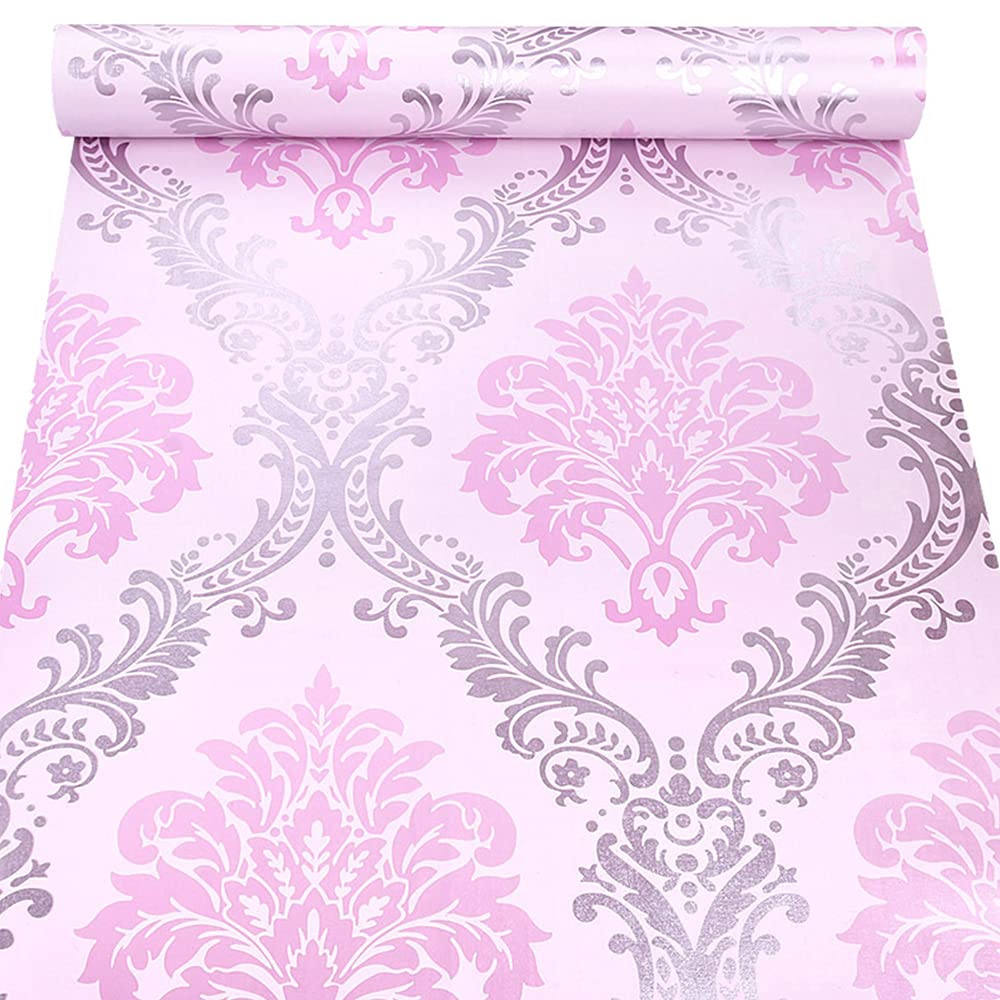 HOYOYO Self-Adhesive Shelf Liners Paper, Removable Self Adhesive Shelf Liner Dresser Drawer Wall Stickers Home Decoration, Pink Damask 17.8 x 118 Inches