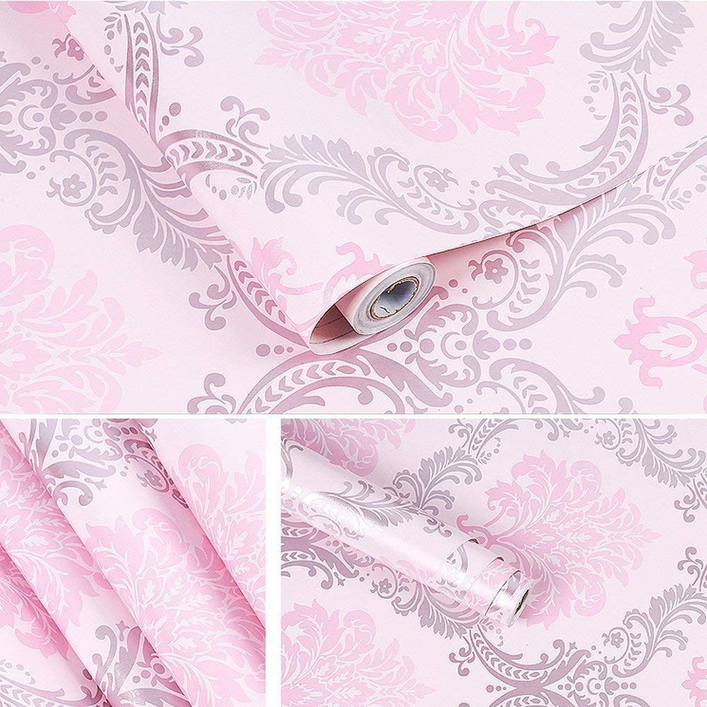 HOYOYO Self-Adhesive Shelf Liners Paper, Removable Self Adhesive Shelf Liner Dresser Drawer Wall Stickers Home Decoration, Pink Damask 17.8 x 118 Inches