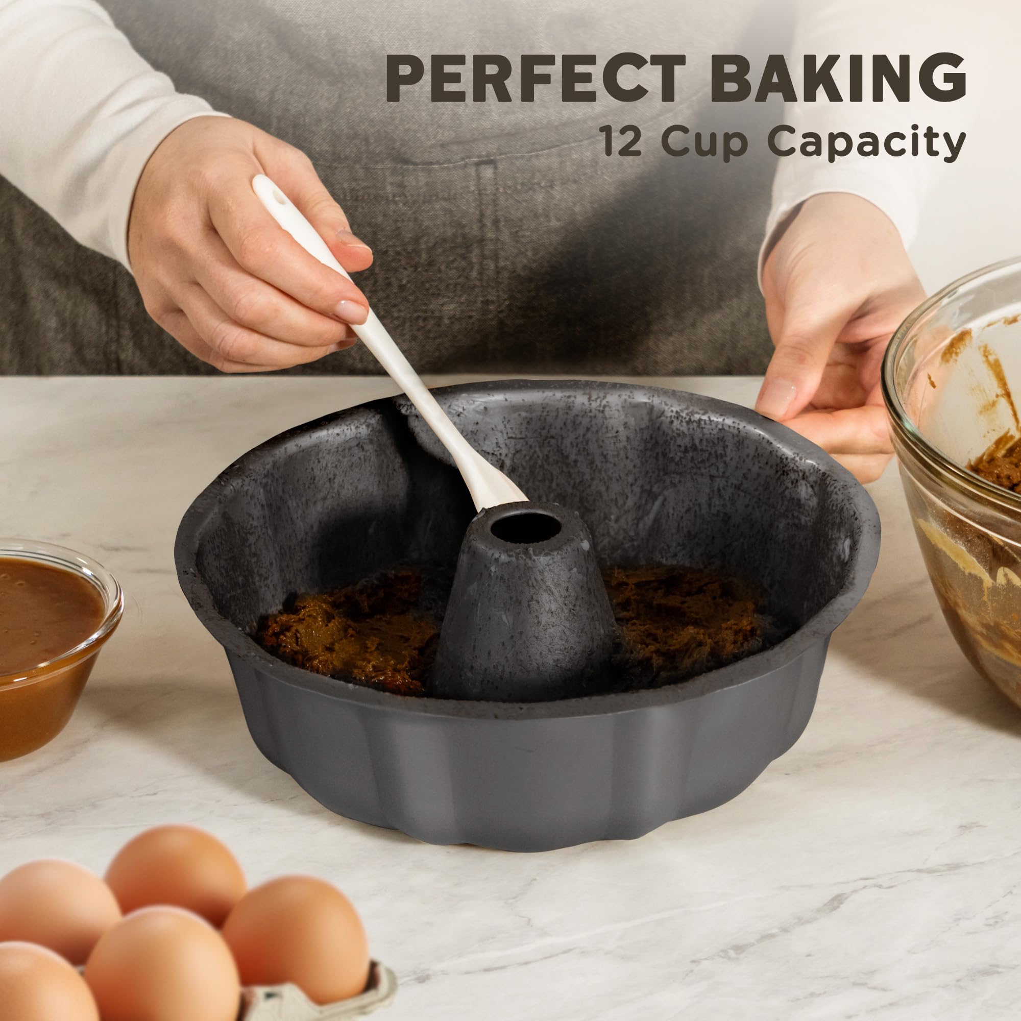 KITESSENSU 9 inch Non-Stick Cake Pans, 12 Cups Premium Fluted Cake Pans for baking, Heavy Duty Carbon Steel Tube Pan Baking Mold-Grey