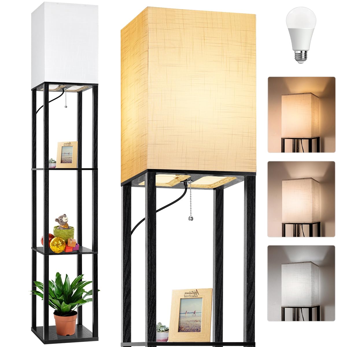 Floor Lamp with Shelves,Shelf Floor Lamps for Living Room with 3 Color Temperature LED Bulb,Storage Wood Texture Modern Floor Lamp with White Linen Shade,Display Standing Lamp for Living Room, Bedroom