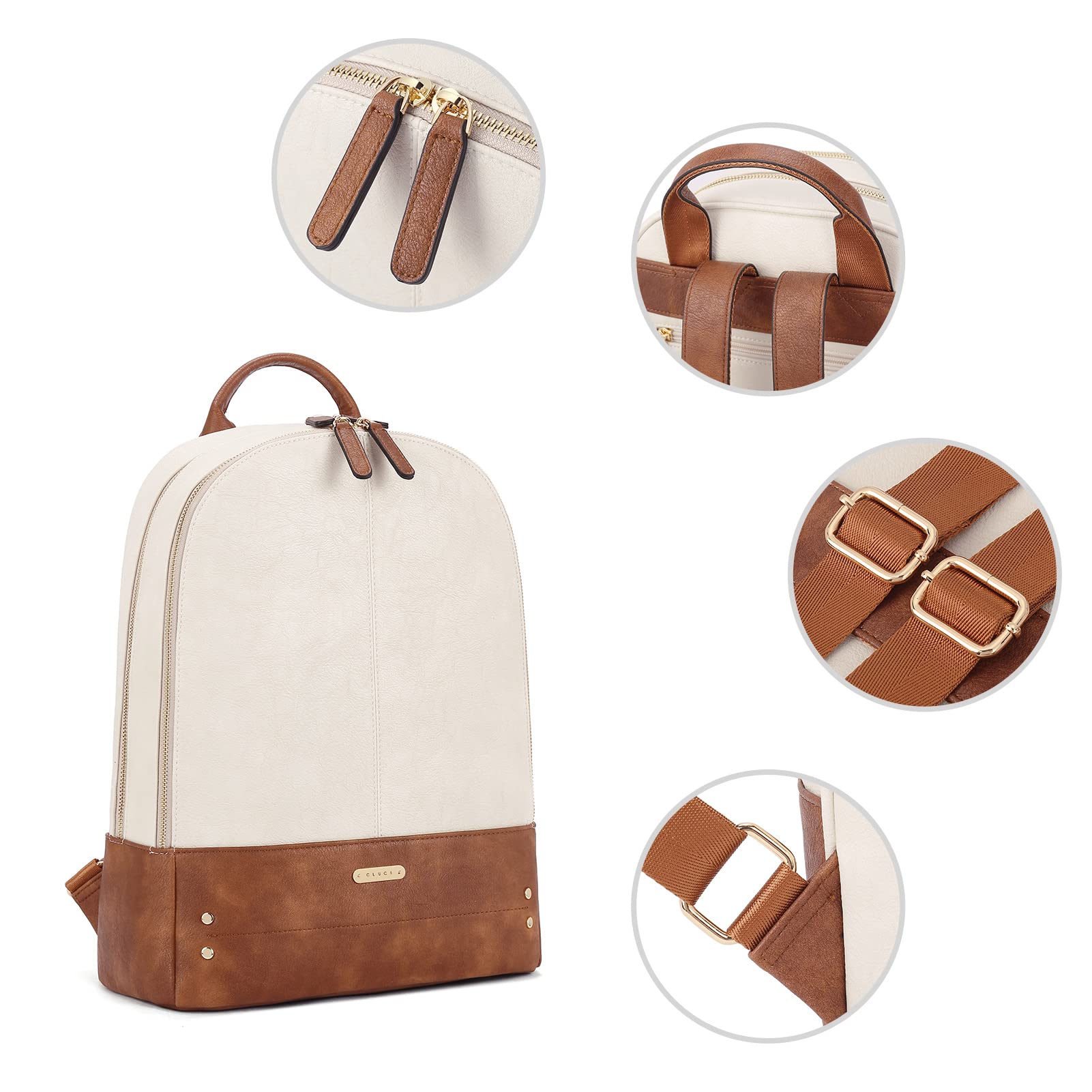 CLUCI Women Leather Laptop Backpack Purse 15.6 inch Computer Backpack Business Casual Travel Daypack College Bag Off-white with brown