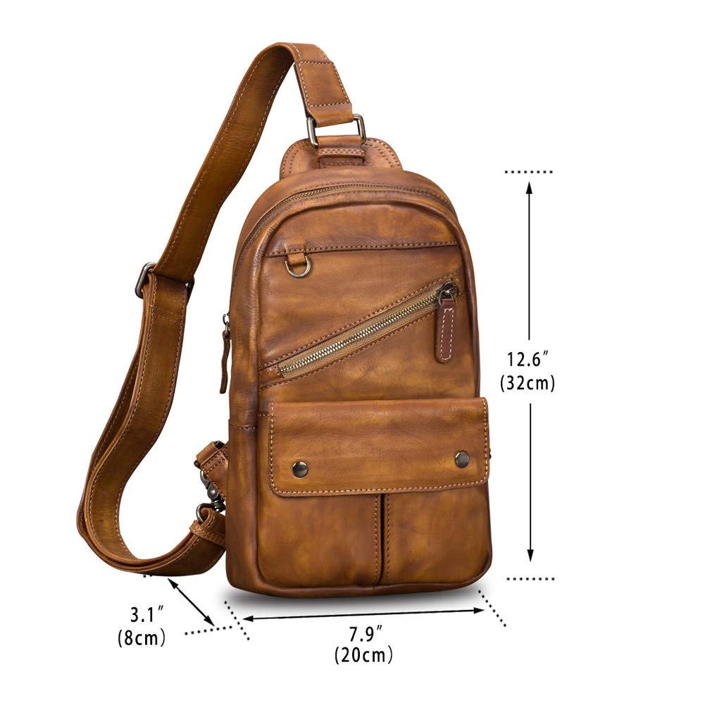 Genuine Leather Sling Bag for Men Vintage Handmade Crossbody Daypack Retro Hiking Backpack Chest Bag Casual Shoulder Bag Sling Purse (Brown)