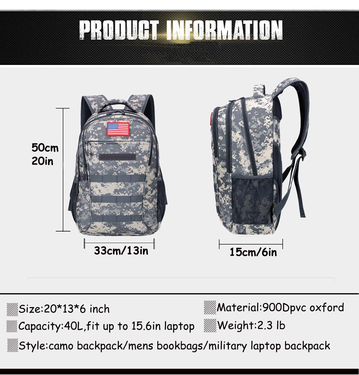 Camo Backpack, 40L Boys Backpack for School, Camouflage MOLLE Bookbag with USB Charging Port