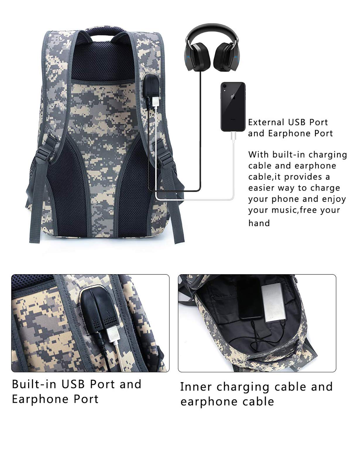 Camo Backpack, 40L Boys Backpack for School, Camouflage MOLLE Bookbag with USB Charging Port