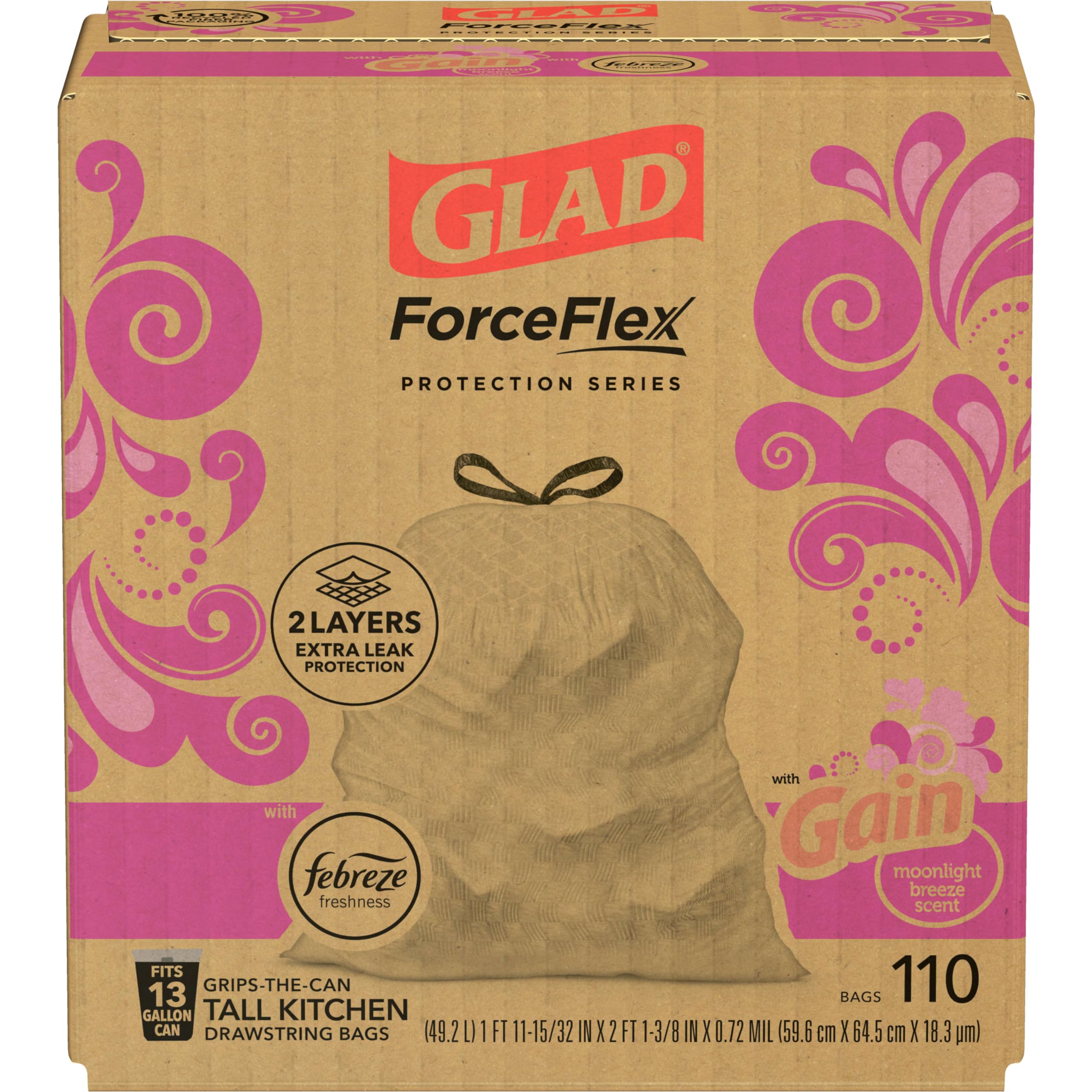 GLAD ForceFlex Tall Kitchen Drawstring Trash Bags, 13 Gallon White Trash Bag for Kitchen Trash Can, Gain Moonlight Breeze with Febreze Freshness and Leak Protection, 110 Count (Package May Vary)