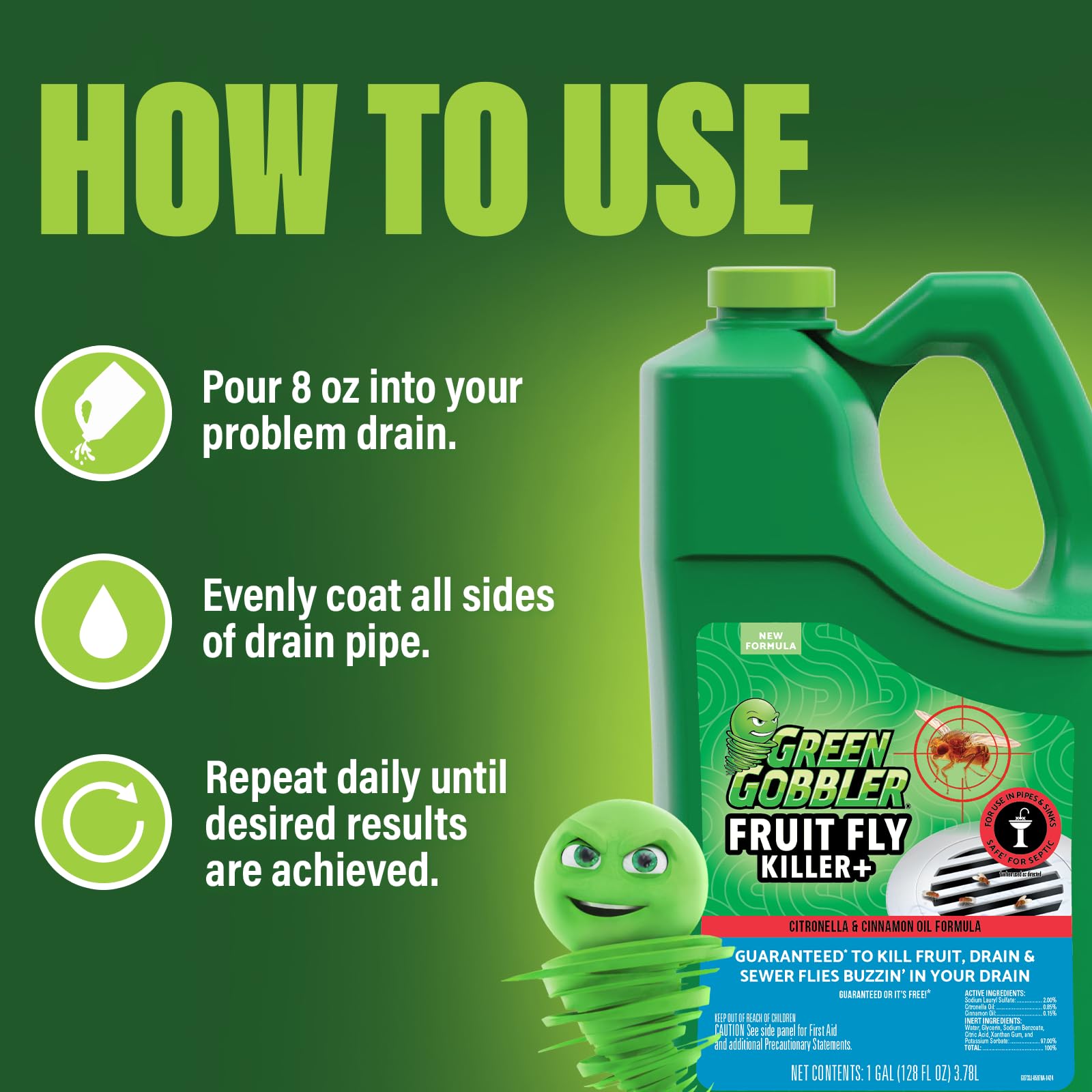 Green Gobbler Fruit Fly Goodbye Gel Drain Treatment | Drain Fly Killer | Fruit Fly Killer | Drain Flies Treatment | Fruit Flies Treatment | Drain Fly & Fruit Fly Eliminator (1 Gallon)