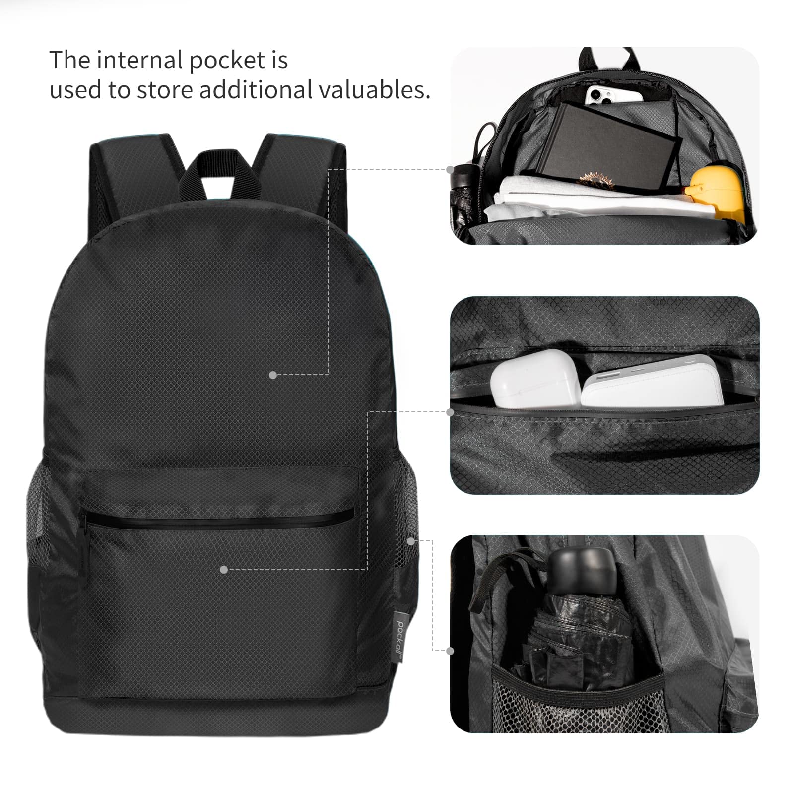 pack all 20L Lightweight Packable Backpack, Water Resistant Foldable Backpack, Travel Hiking Daypack with Waterproof Zippers (Black)