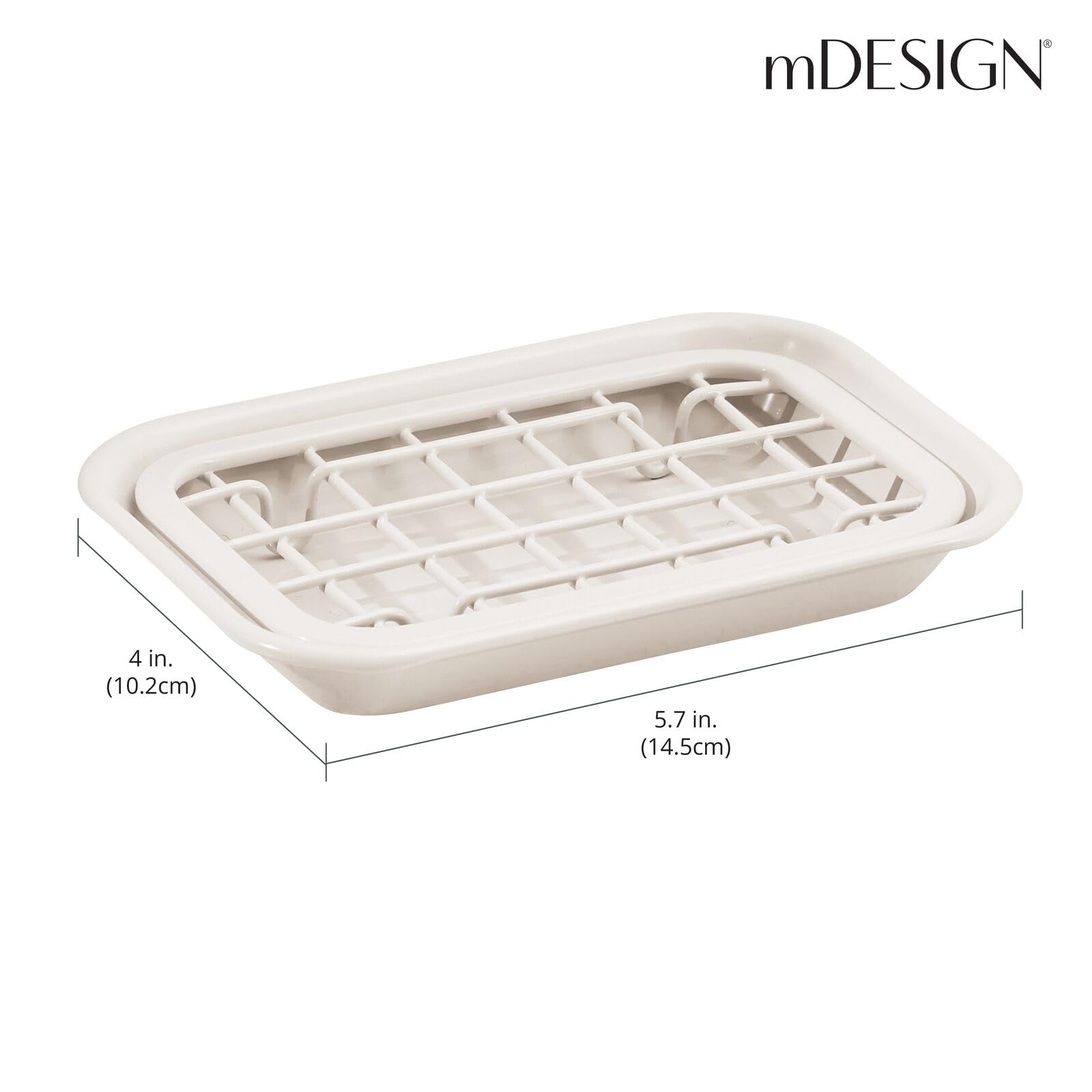 mDesign Metal 2-Piece Soap Dish Tray with Drainage Grid and Holder for Kitchen Sink Countertops to Store Soap, Sponges, Scrubbers - Rust Resistant - 2 Pack - Cream/Beige