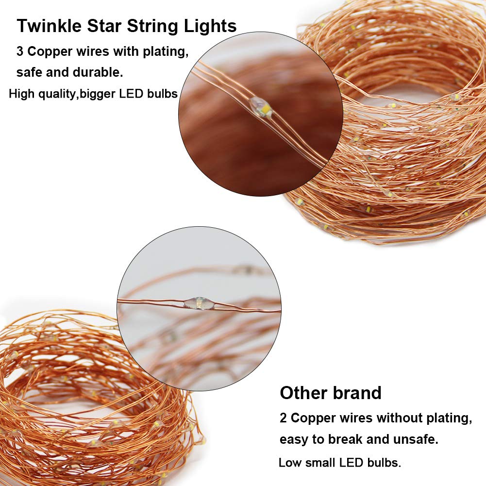 Twinkle Star 200 LED 66 FT Copper String Lights Fairy String Lights 8 Modes LED String Lights USB Powered with Remote Control for Christmas Tree Wedding Party Home Decoration, Warm White