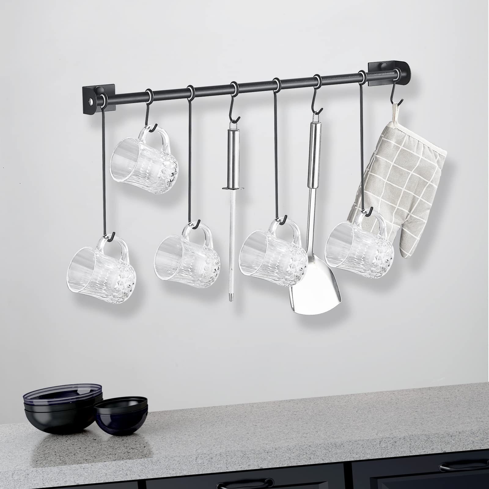 SIMVE Coffee Mug Rack Wall Mounted,Modern Hanging Tea Cup Holder,Metal 15.7" Rail with 8 Utensil Hooks,Rustic Storage Hanger for Cafe Bar,Dining,Corner Nook,Matte Black