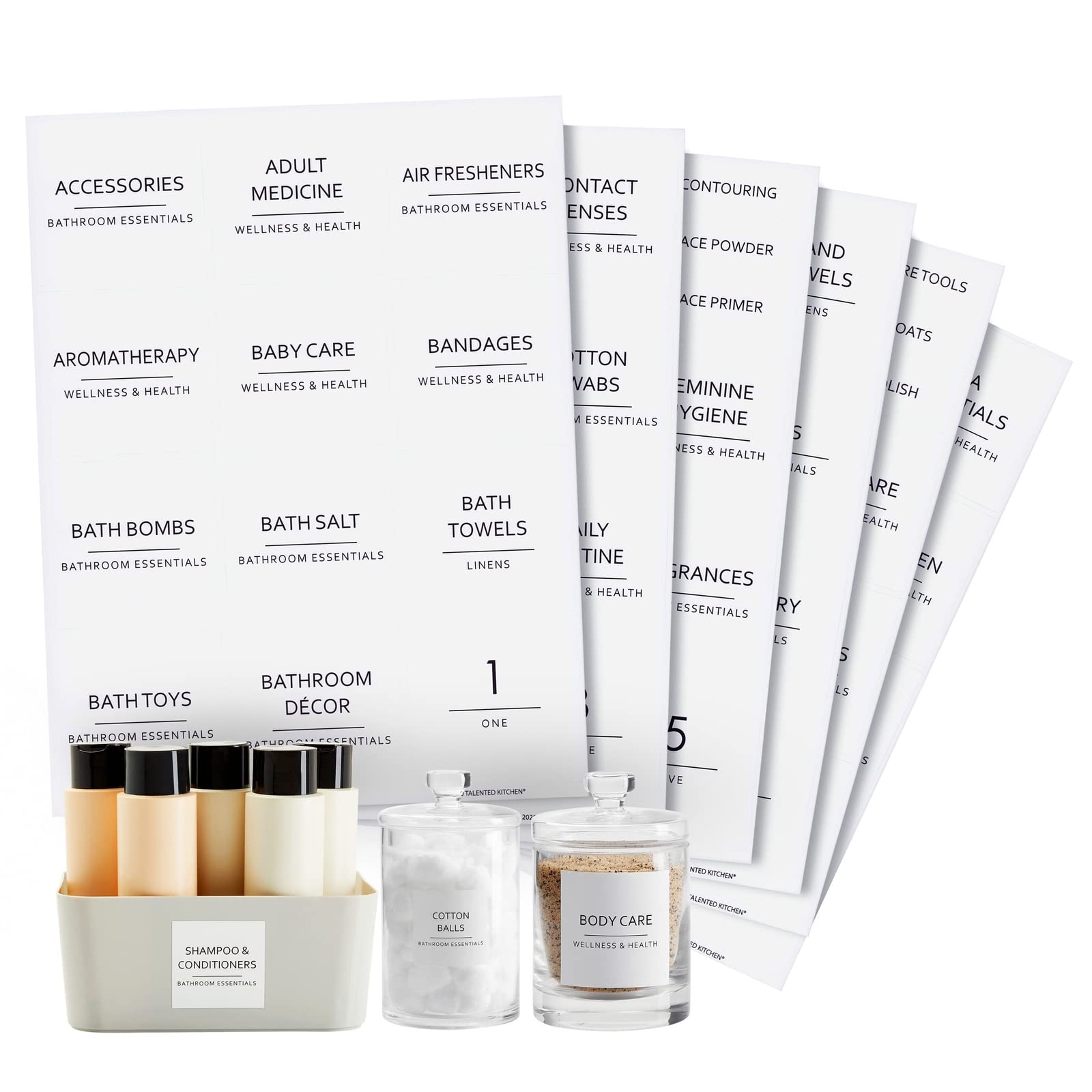 Talented Kitchen 174 Gold Minimalist Bathroom Labels Set with Makeup Labels, Gold Print on White Matte Backing, Water Resistant. 174 Bathroom, Beauty & Makeup Vinyl Stickers. Organization Storage