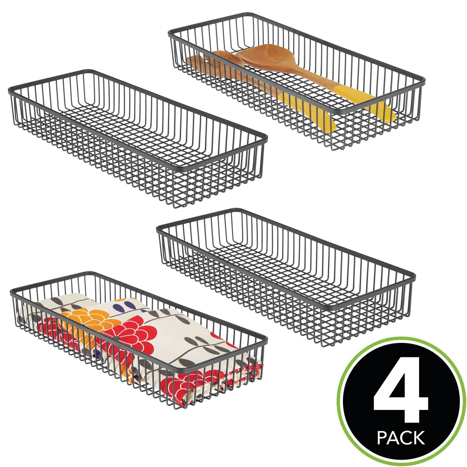 mDesign Metal Farmhouse Kitchen Cabinet Drawer Organizer Basket Tray, Shallow Storage Bin for Cutlery, Serving Spoons, Cooking Utensils, Appliances, Gadgets, Unity Collection, 15" Long, 4 Pack, Black