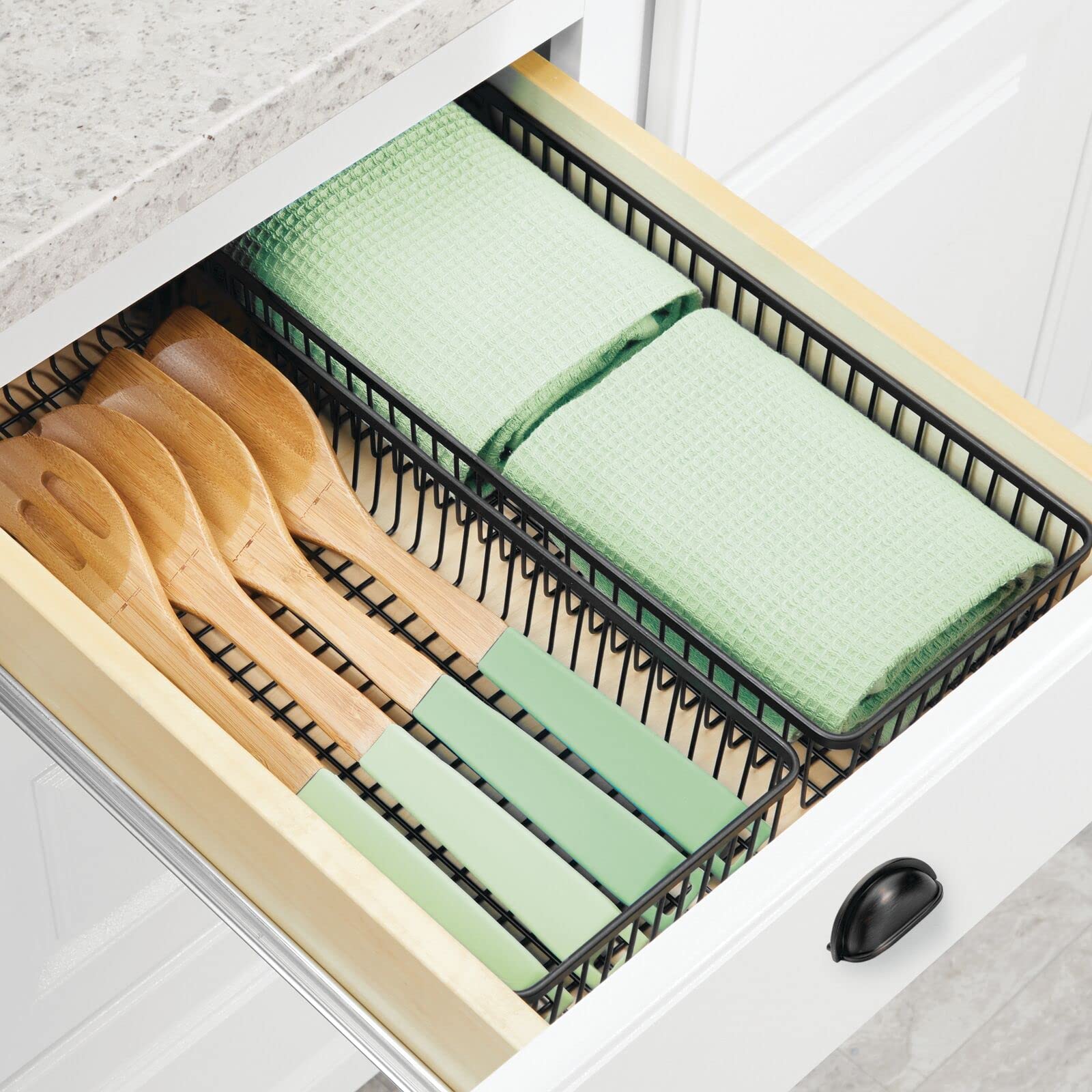 mDesign Metal Farmhouse Kitchen Cabinet Drawer Organizer Basket Tray, Shallow Storage Bin for Cutlery, Serving Spoons, Cooking Utensils, Appliances, Gadgets, Unity Collection, 15" Long, 4 Pack, Black