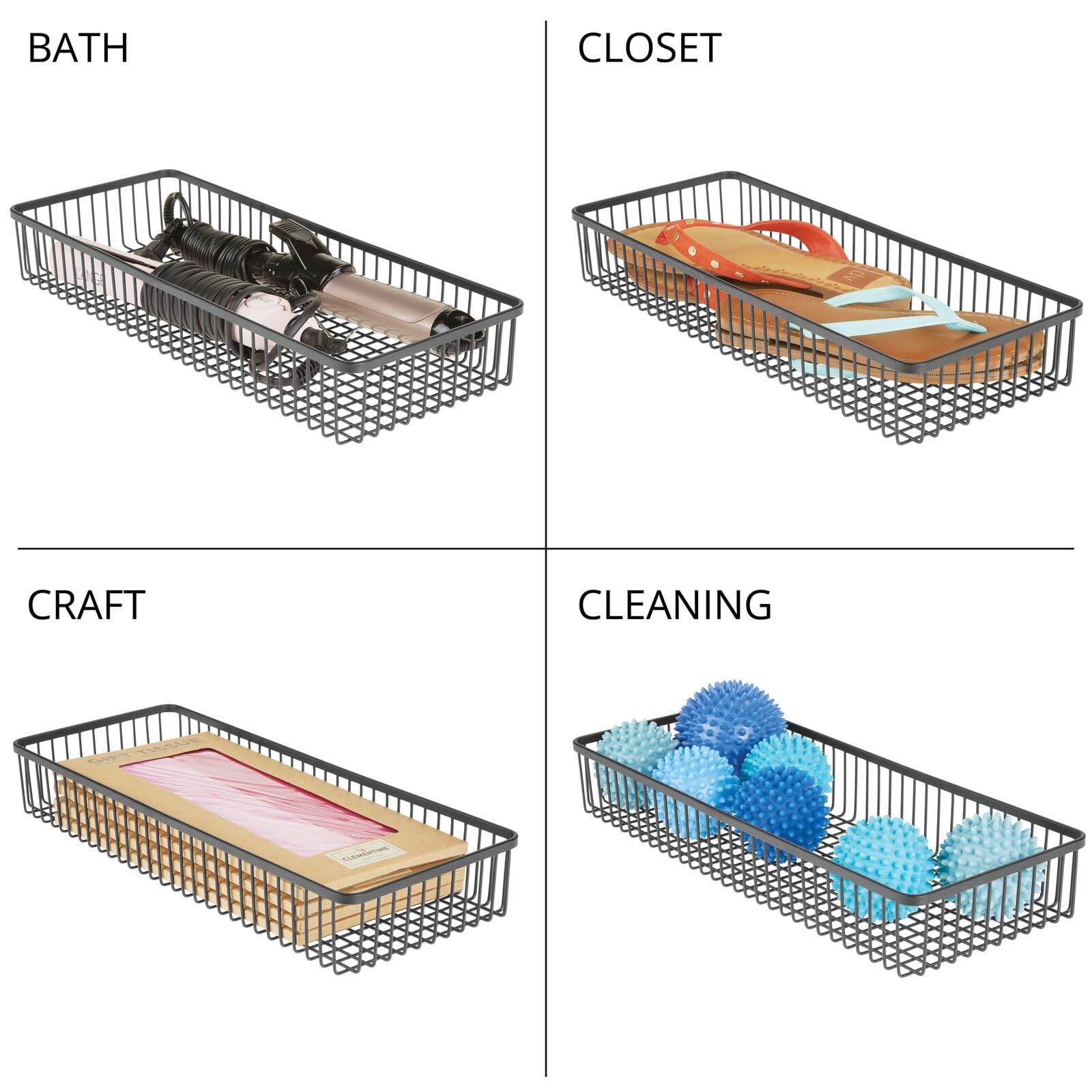 mDesign Metal Farmhouse Kitchen Cabinet Drawer Organizer Basket Tray, Shallow Storage Bin for Cutlery, Serving Spoons, Cooking Utensils, Appliances, Gadgets, Unity Collection, 15" Long, 4 Pack, Black