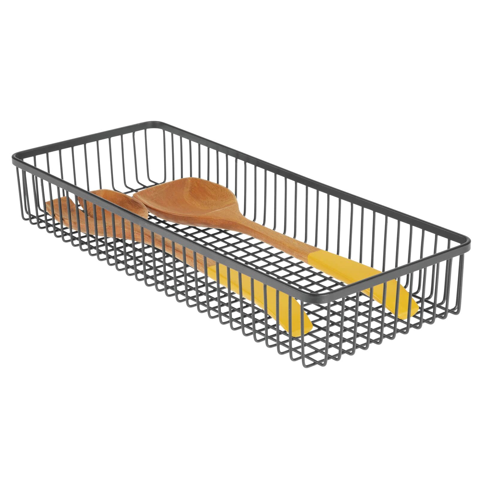 mDesign Metal Farmhouse Kitchen Cabinet Drawer Organizer Basket Tray, Shallow Storage Bin for Cutlery, Serving Spoons, Cooking Utensils, Appliances, Gadgets, Unity Collection, 15" Long, 4 Pack, Black