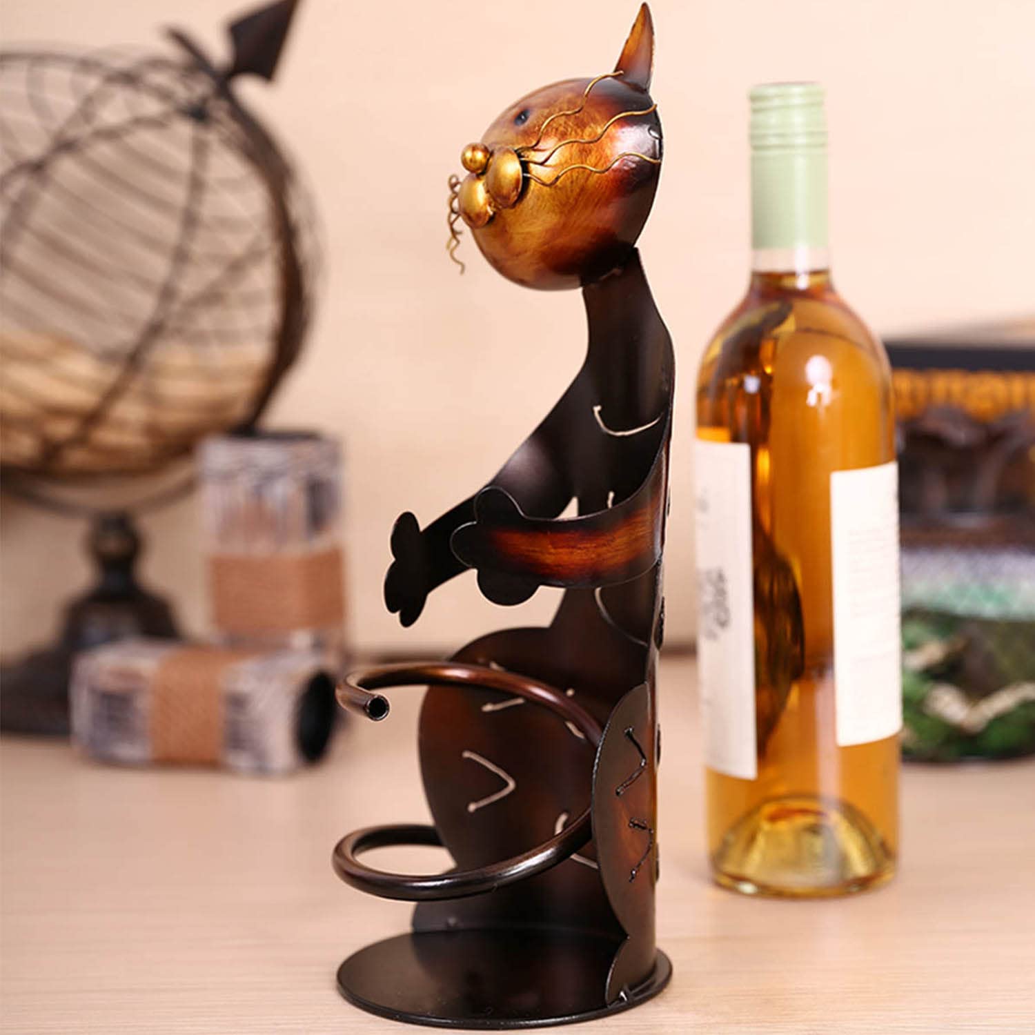 Ailgely Cat Shaped Wine Holder, Cat Wine Bottle Holder, Tabletop Decor Wine Rack, Metal Sculpture Wine Stand, Crafts Ornament for Home Kitchen