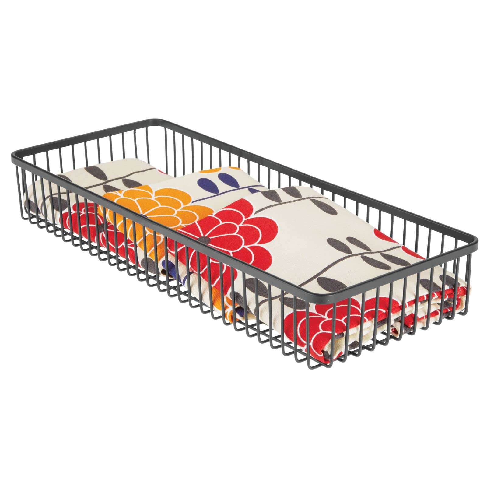 mDesign Metal Farmhouse Kitchen Cabinet Drawer Organizer Basket Tray, Shallow Storage Bin for Cutlery, Serving Spoons, Cooking Utensils, Appliances, Gadgets, Unity Collection, 15" Long, 4 Pack, Black