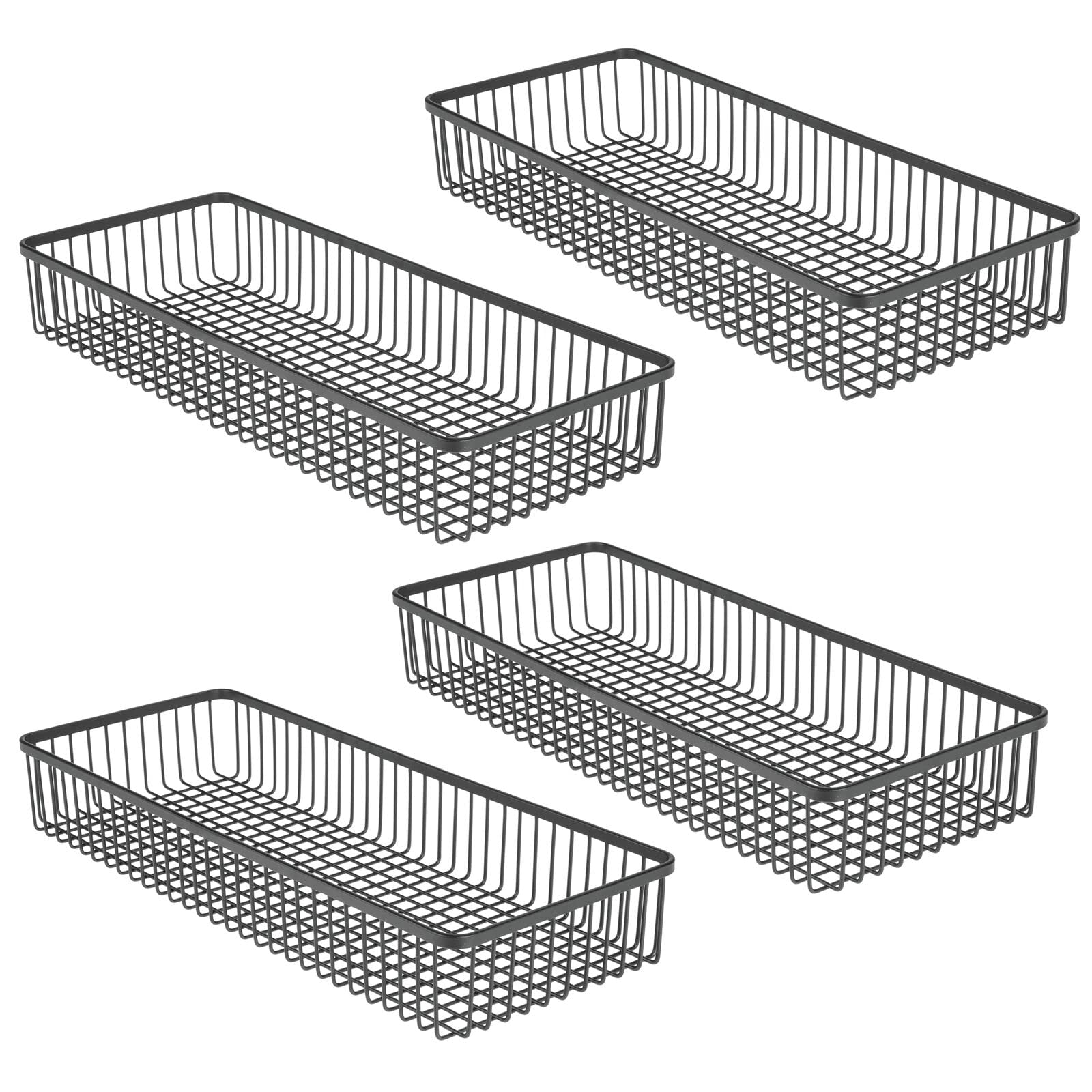 mDesign Metal Farmhouse Kitchen Cabinet Drawer Organizer Basket Tray, Shallow Storage Bin for Cutlery, Serving Spoons, Cooking Utensils, Appliances, Gadgets, Unity Collection, 15" Long, 4 Pack, Black