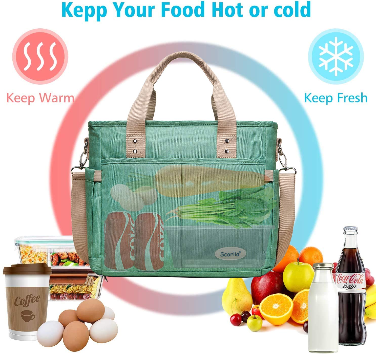 Scorlia Insulated Lunch Bags for Women Work, Extra Large Lunch Tote Bag With Removable Shoulder Strap, Durable Reusable Cooler lunch Box with Side Pockets, Tall Drinks Holder for Women&Men, Purple