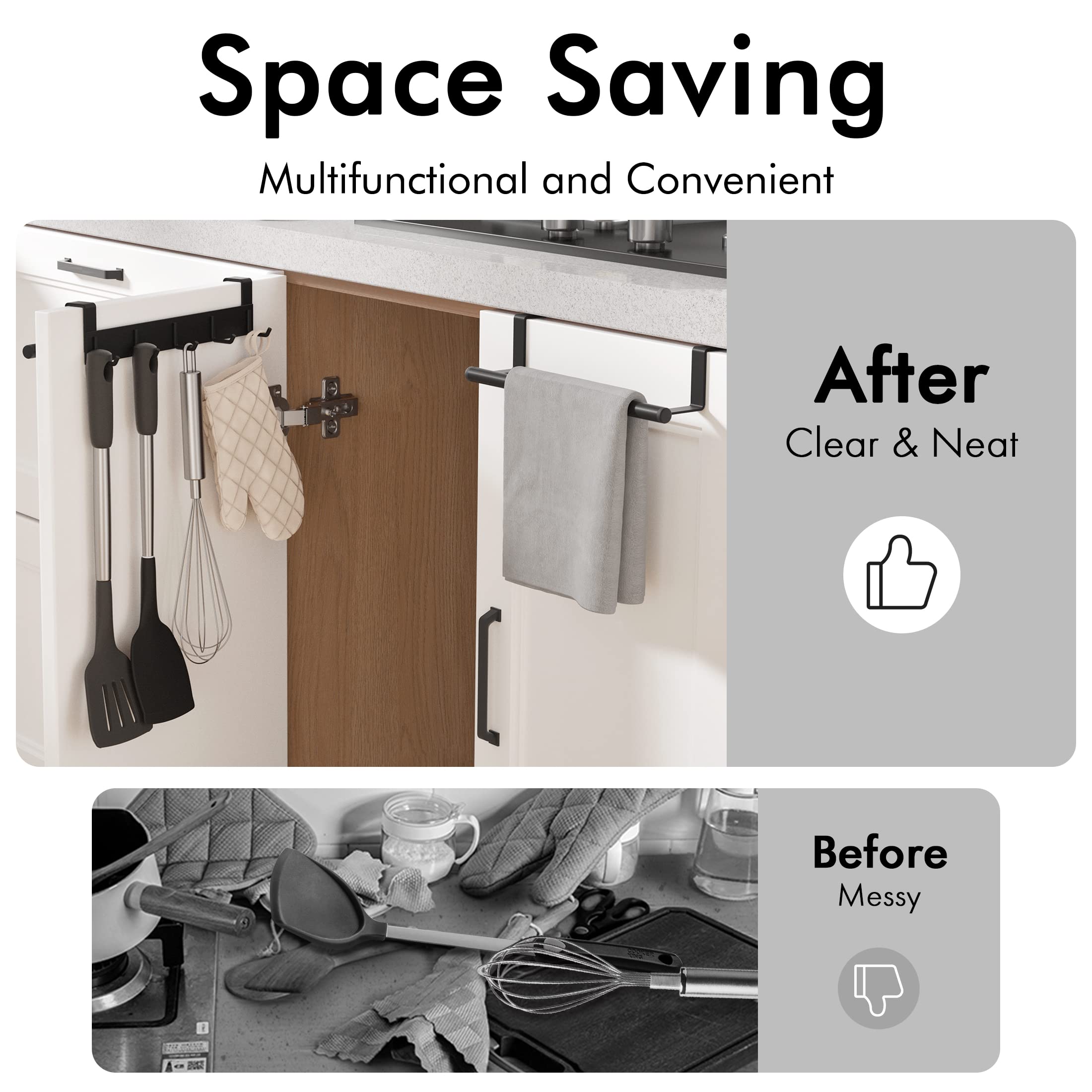 KES Over The Cabinet Door Organizer with Towel Bar, Cutting Board Organizer Cabinet Door, Cutting Board Holder with Towel Holder Matte Black, KUR521-BK