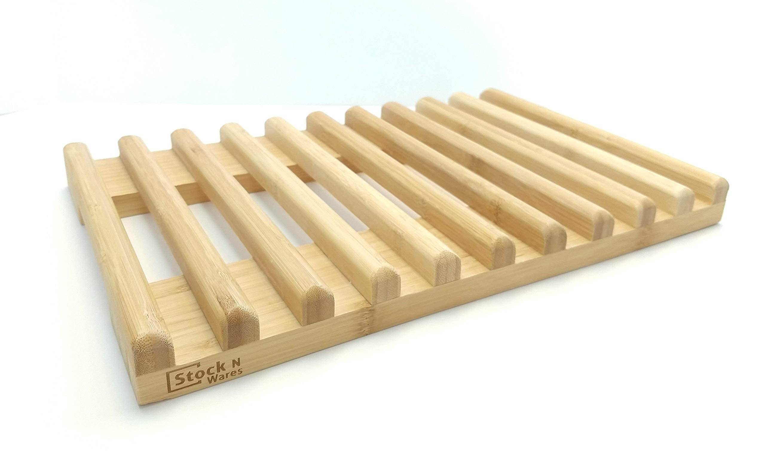 Stock N Wares Bamboo Dish Rack, Regular(0.8" Holder Width 10 Slots), Stylish Low Profile Plate Stand, Dish Drying Rack, Cabinet Plate Stand, 15.56" Lx10 Wx1.38 H (39.53cmx25.40cmx3.49cm)