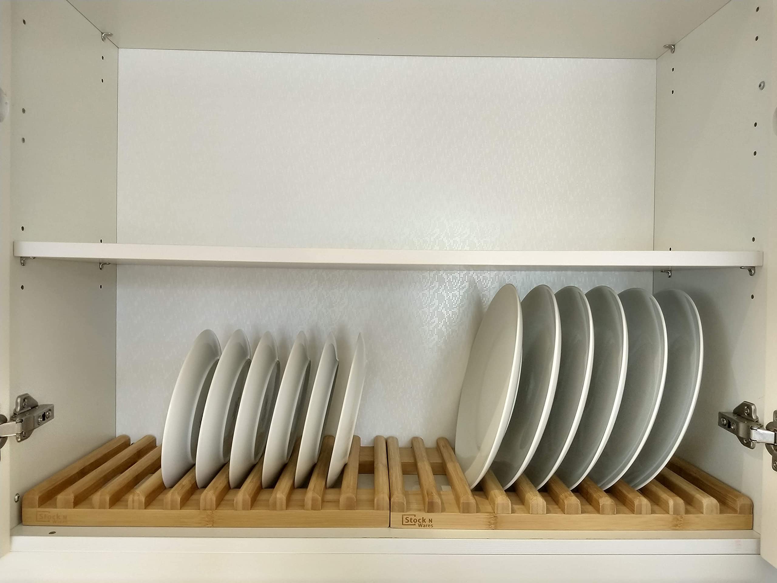 Stock N Wares Bamboo Dish Rack, Regular(0.8" Holder Width 10 Slots), Stylish Low Profile Plate Stand, Dish Drying Rack, Cabinet Plate Stand, 15.56" Lx10 Wx1.38 H (39.53cmx25.40cmx3.49cm)